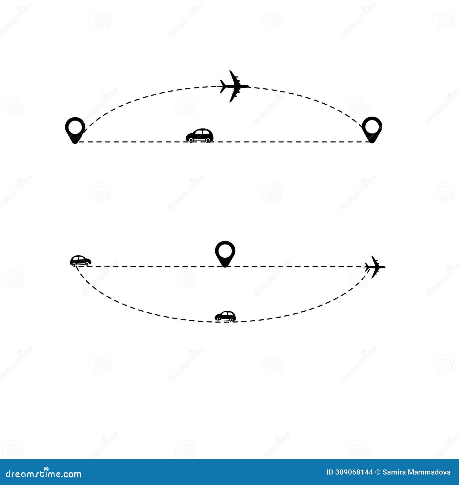 Set of Dashed Line Airplane, Car Route with Location Stock Vector ...
