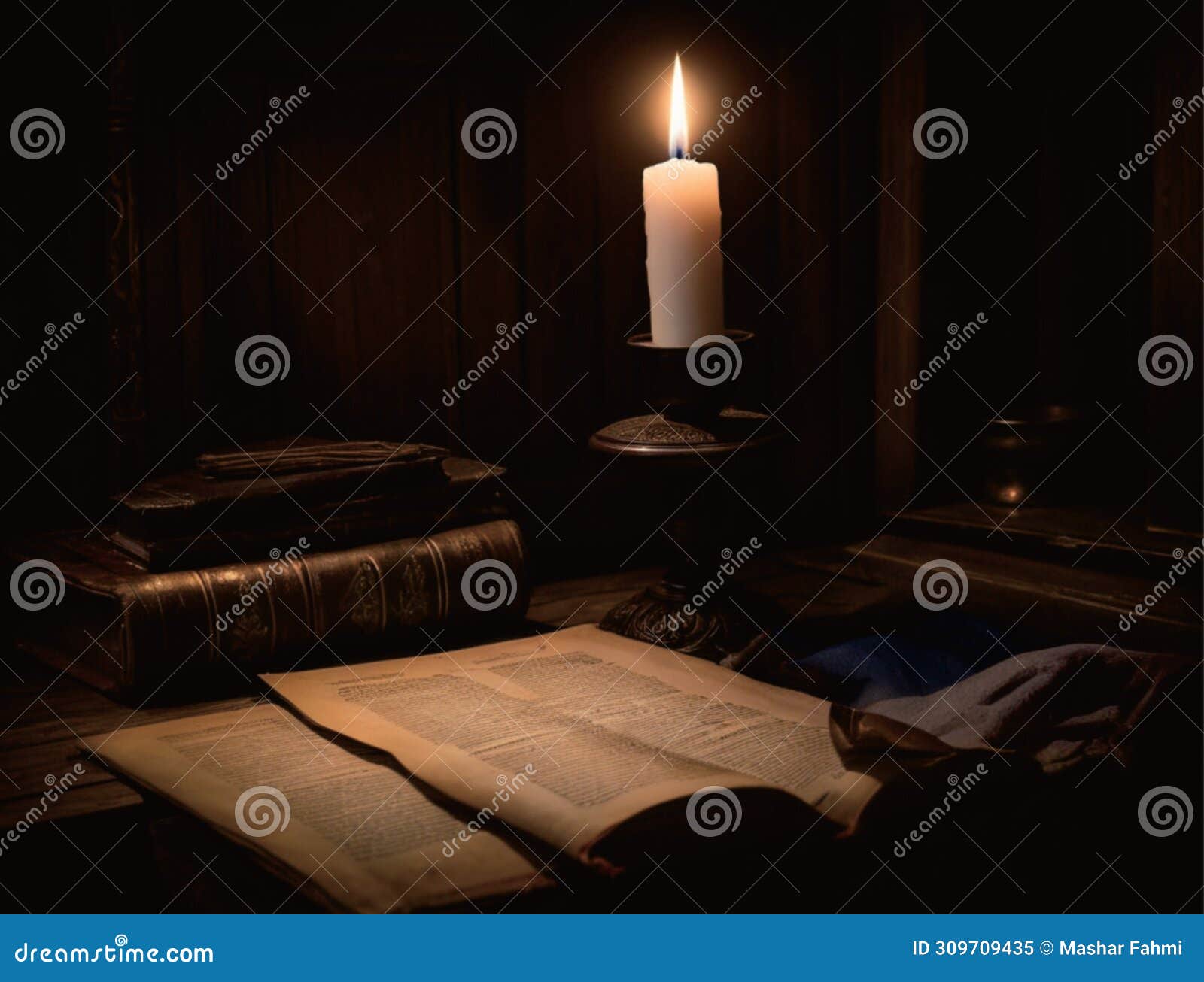 Ancient Manuscripts on the Table in the Dimness of the Candles Stock ...