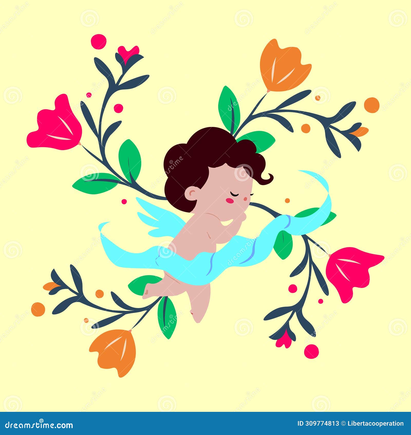 Cute Little Cupid with Flowers and Leaves. Stock Vector - Illustration ...