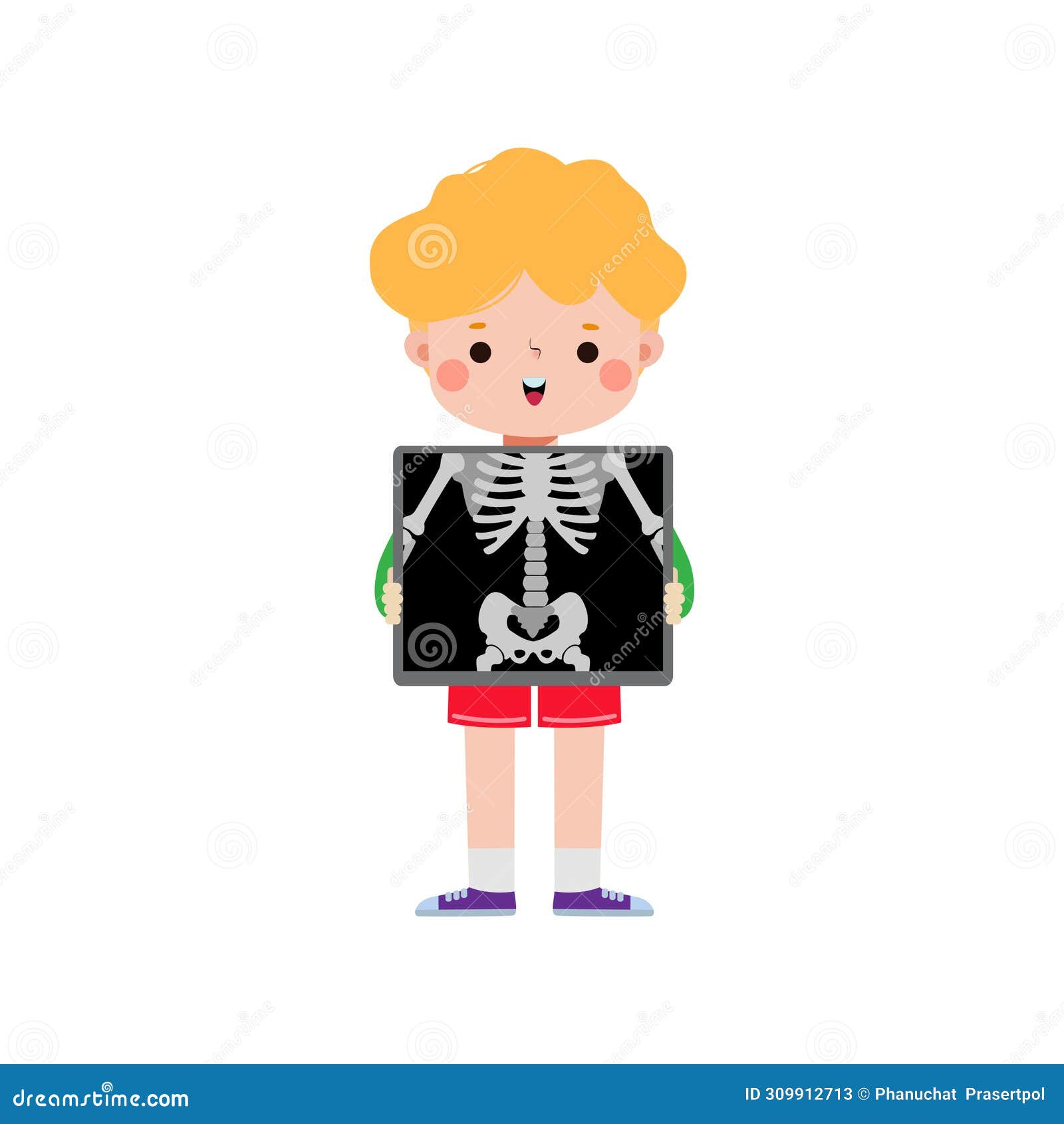 Cute Cartoon American Child with X-ray Screen Showing Internal Organs ...