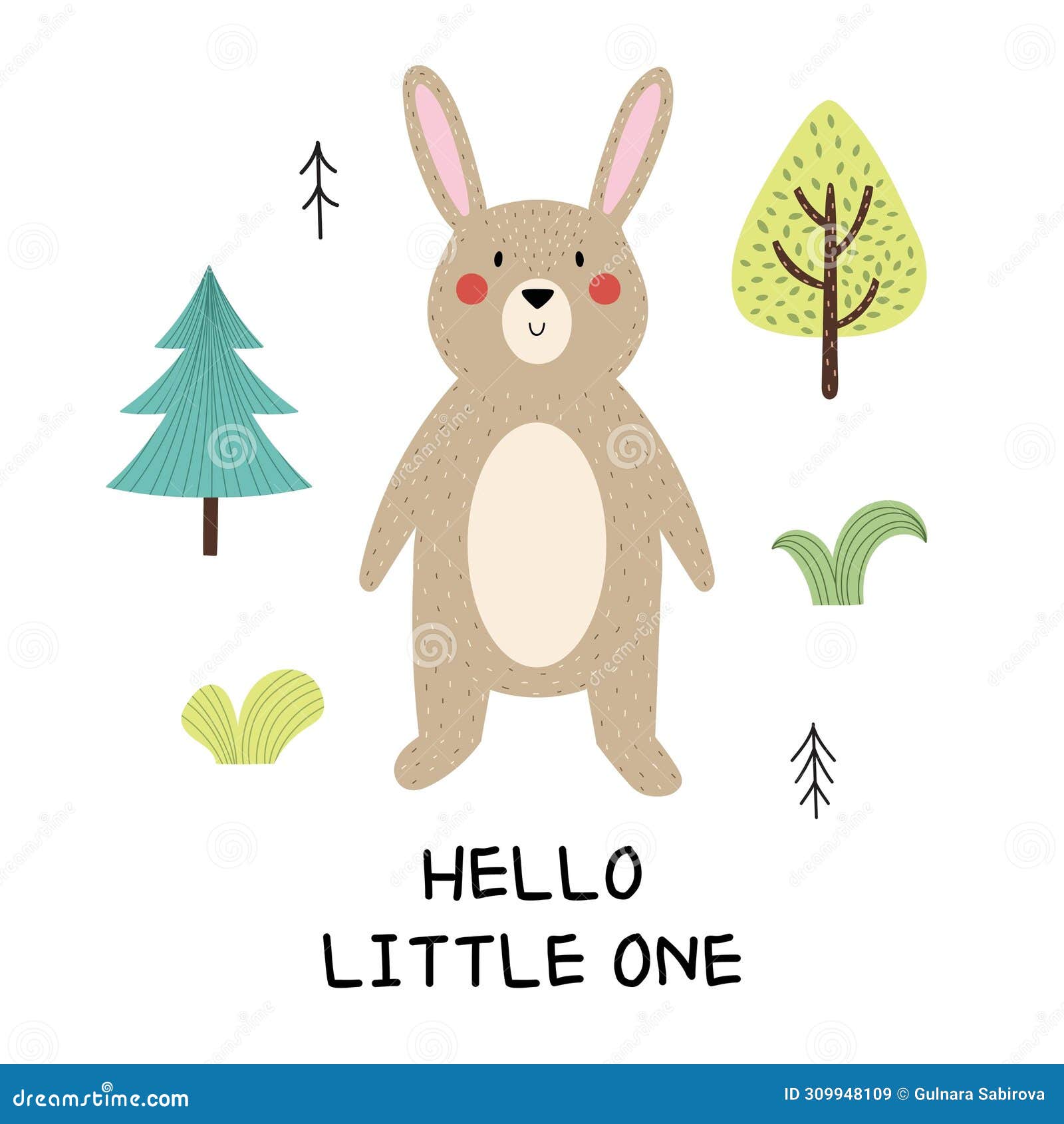 Hello Little One Print with a Cute Rabbit. Funny Forest Character Print ...