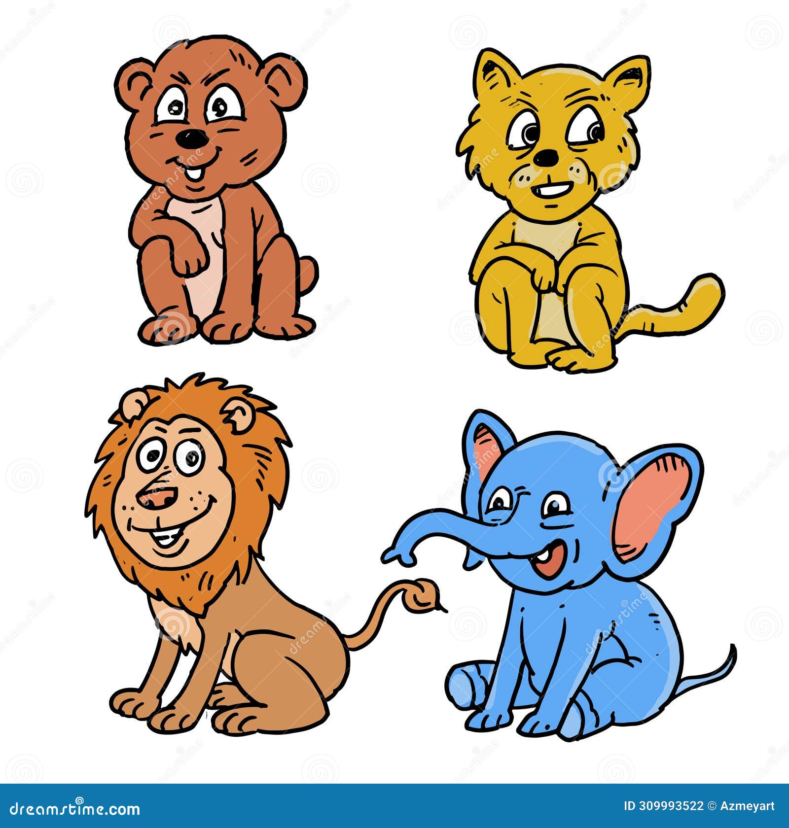 A Set of 4 Animals Cartoon Like a Cat, Bear Lion and Elephant. Stock ...