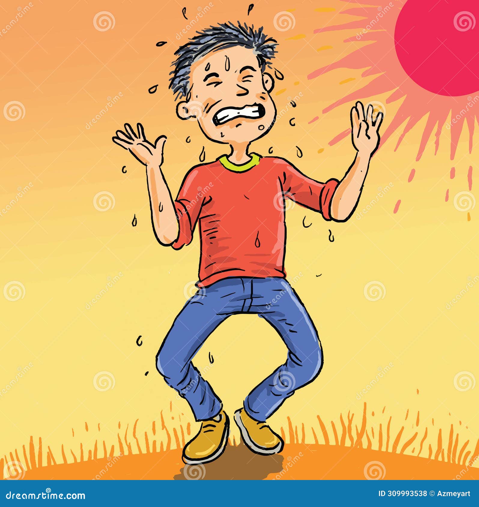 Expression Cartoon of the Boy Outdoors with Hot Weather. Stock ...
