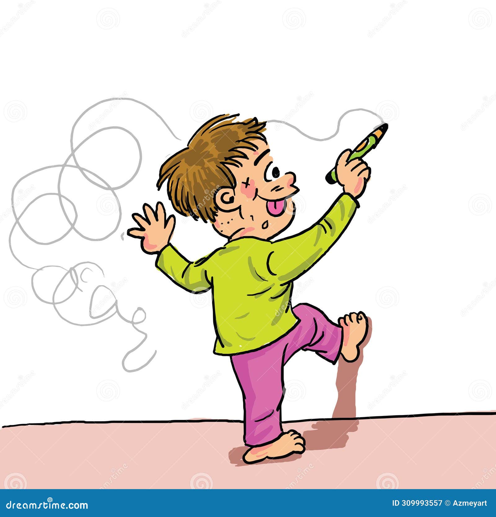 A Cartoon Kid Boy Likes To Scribble on the Wall of the House. Stock ...