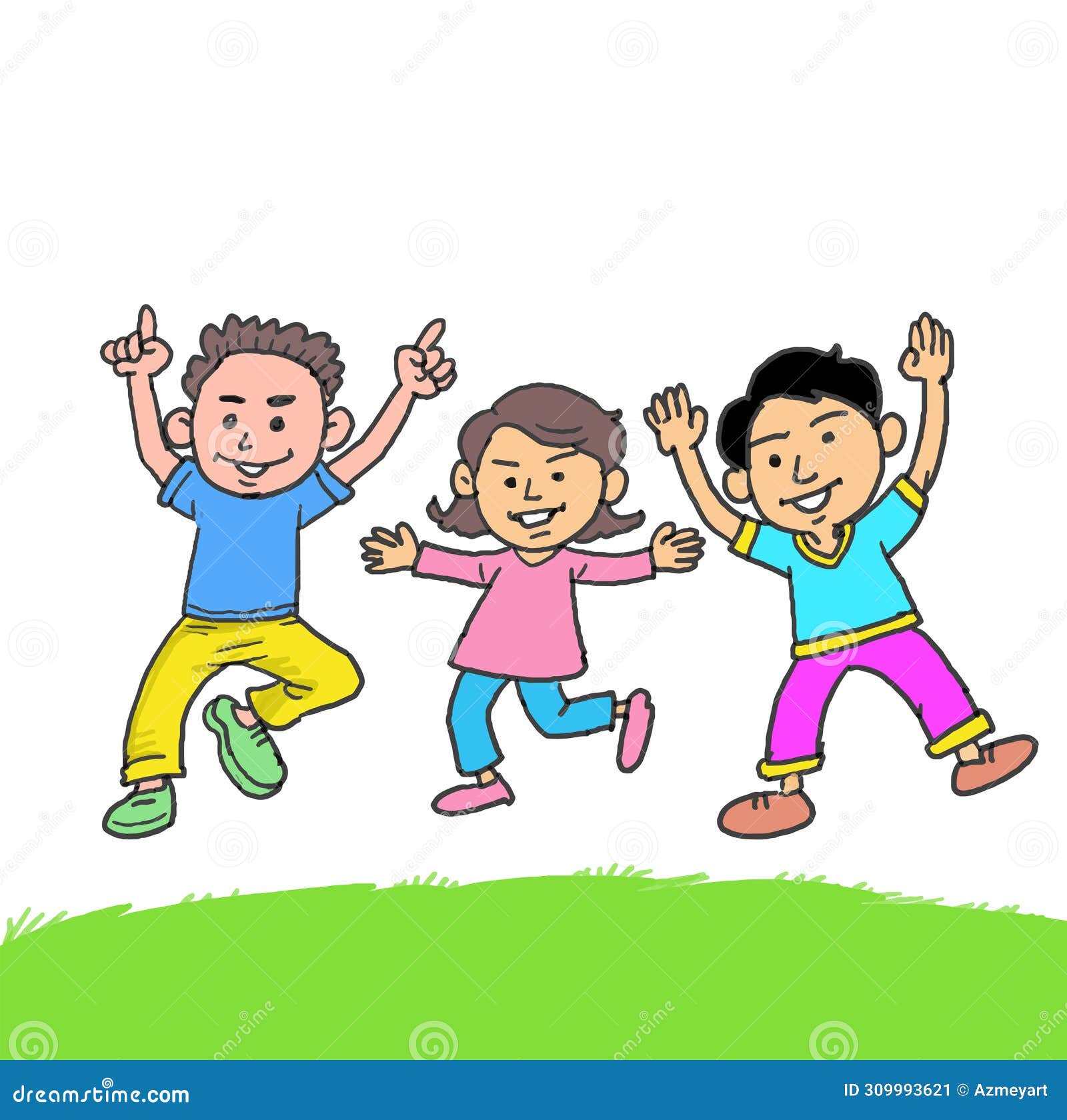 The Cartoon Happy Three Kids Jumping Up. Stock Illustration ...