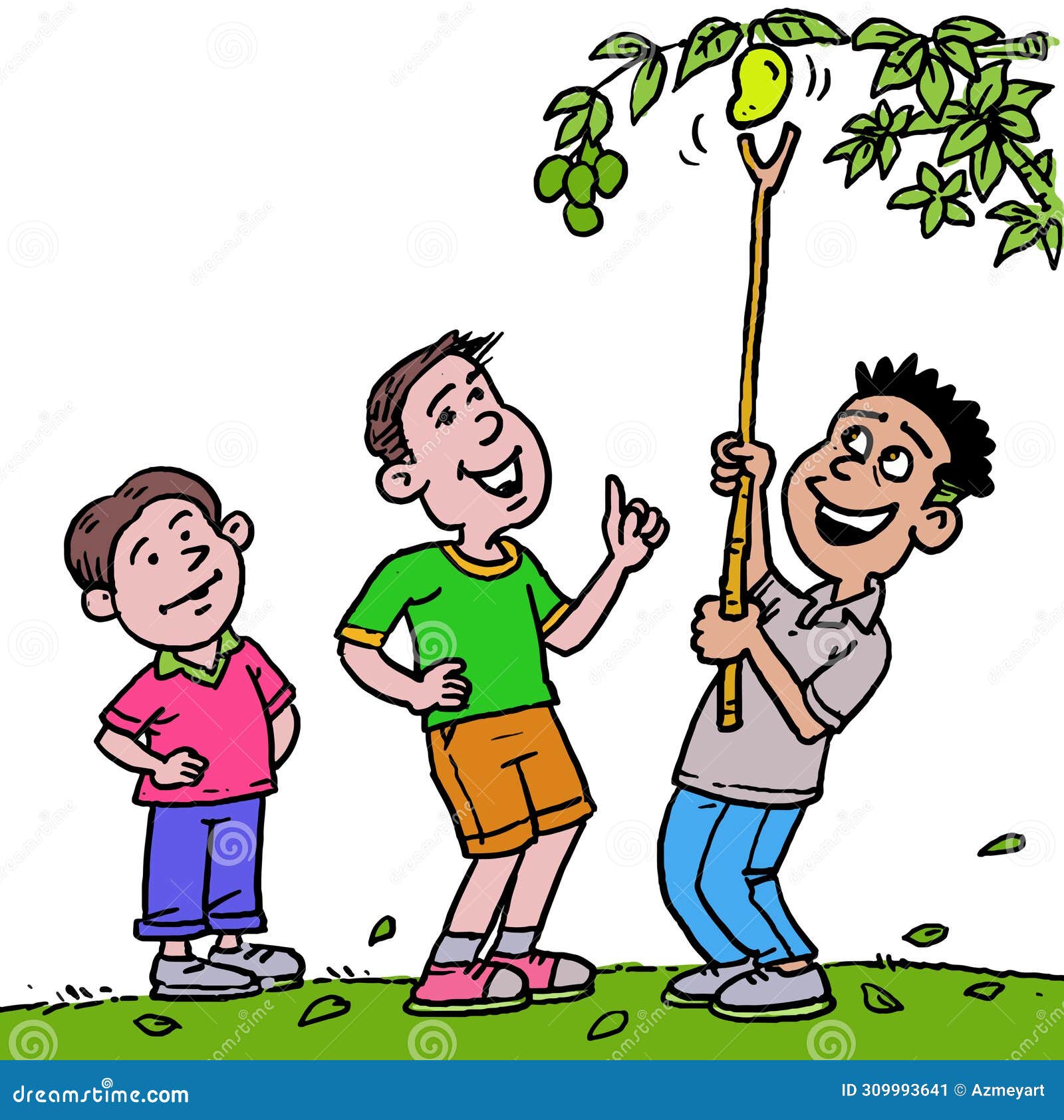 A Cartoon of Three Boys Picking Fruit with Wooden Sticks. Stock Vector ...
