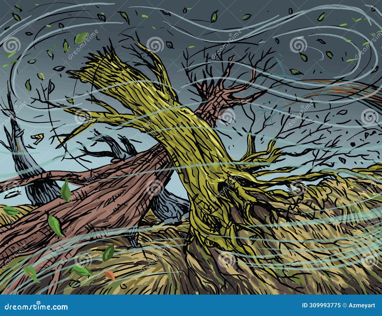 Illustration of the Strong Winds Collapse the Trees in Dark and Cloudy ...