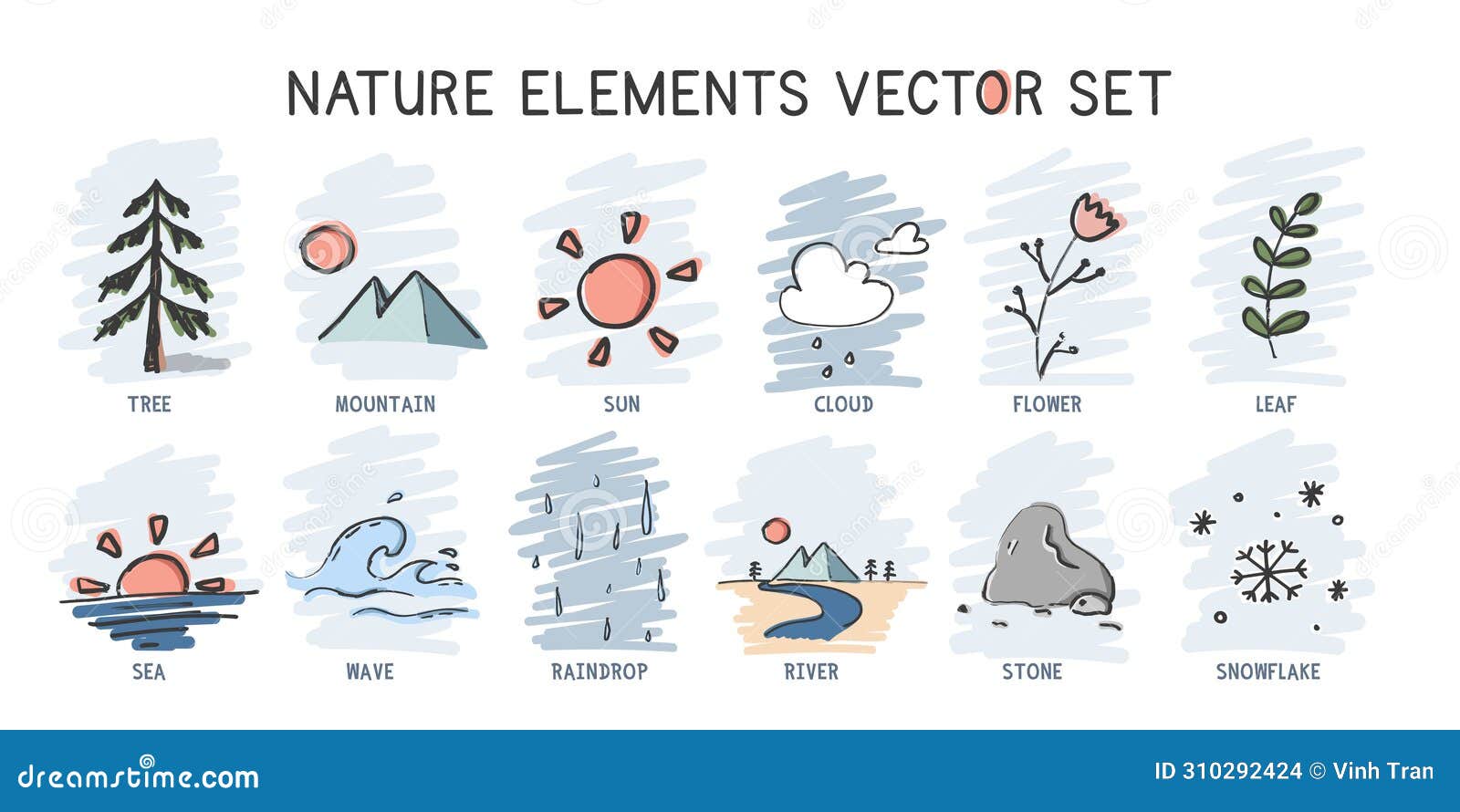 Set of Simple Nature Elements Hand-drawn Style Vector Design. Tree ...