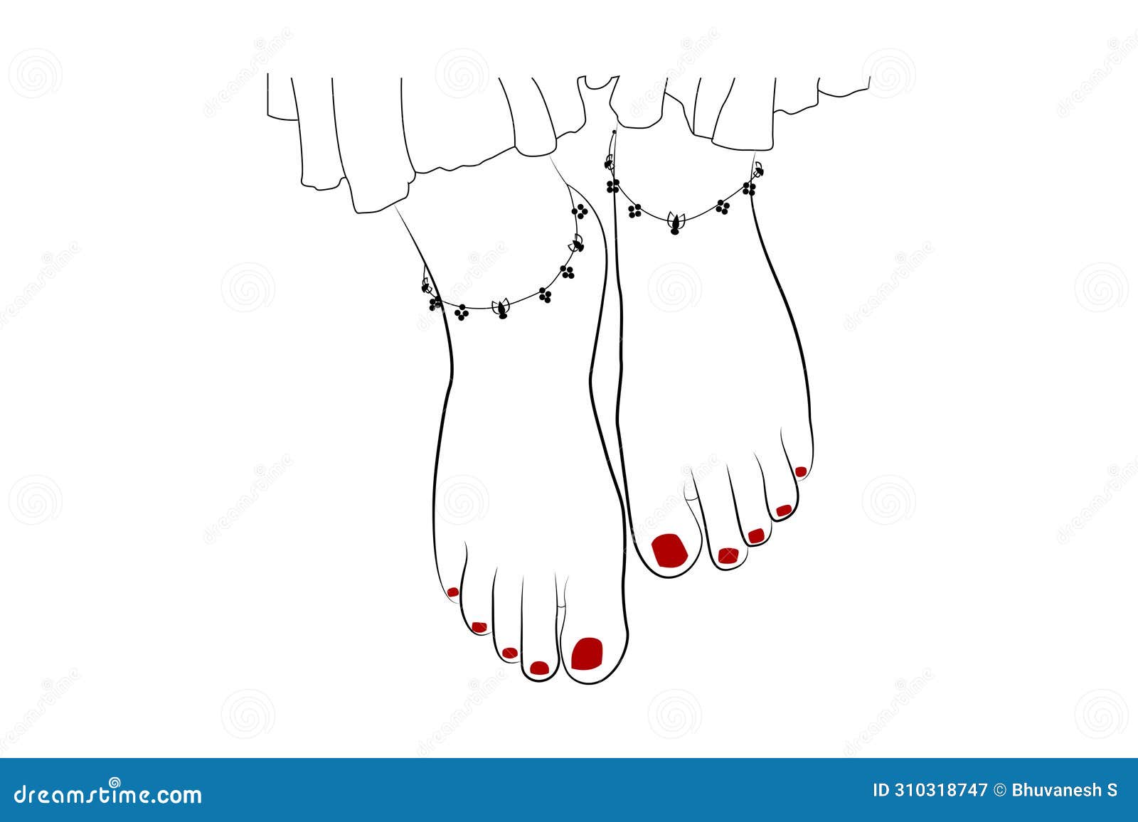 Beautiful Girl Feet with Skirt, Anklets and Red Nails Line Drawing ...