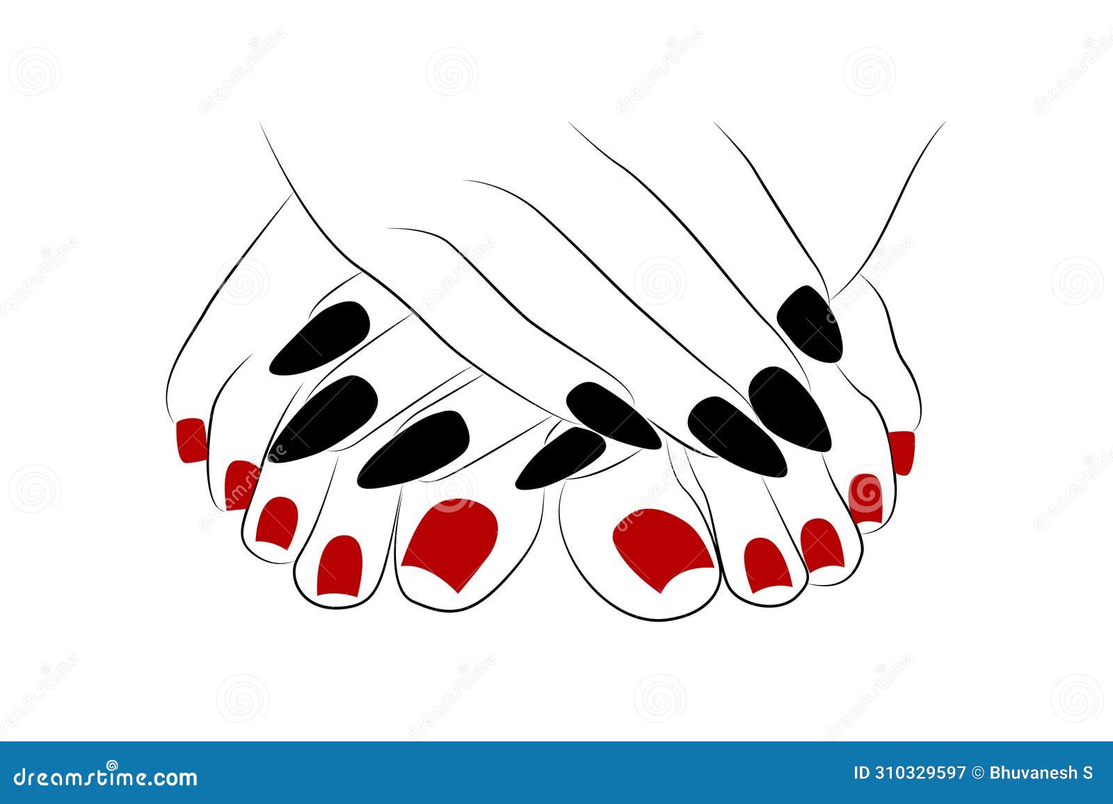 Woman Feet with Hand Fingers Combination of Black and Red Nails Line ...