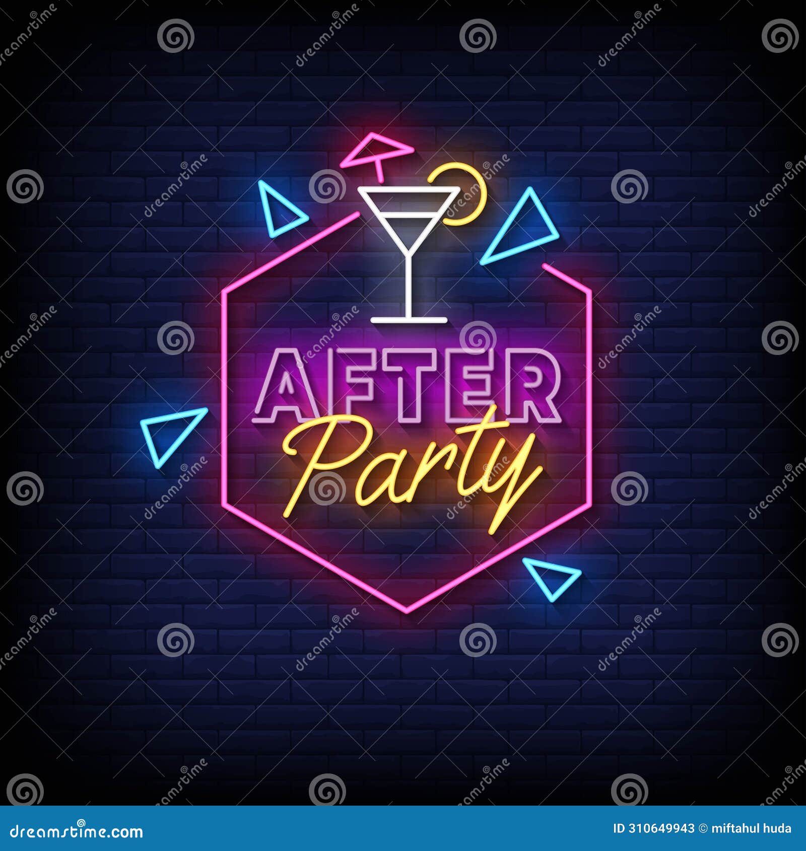 Neon Sign after Party with Brick Wall Background Vector Stock Vector ...