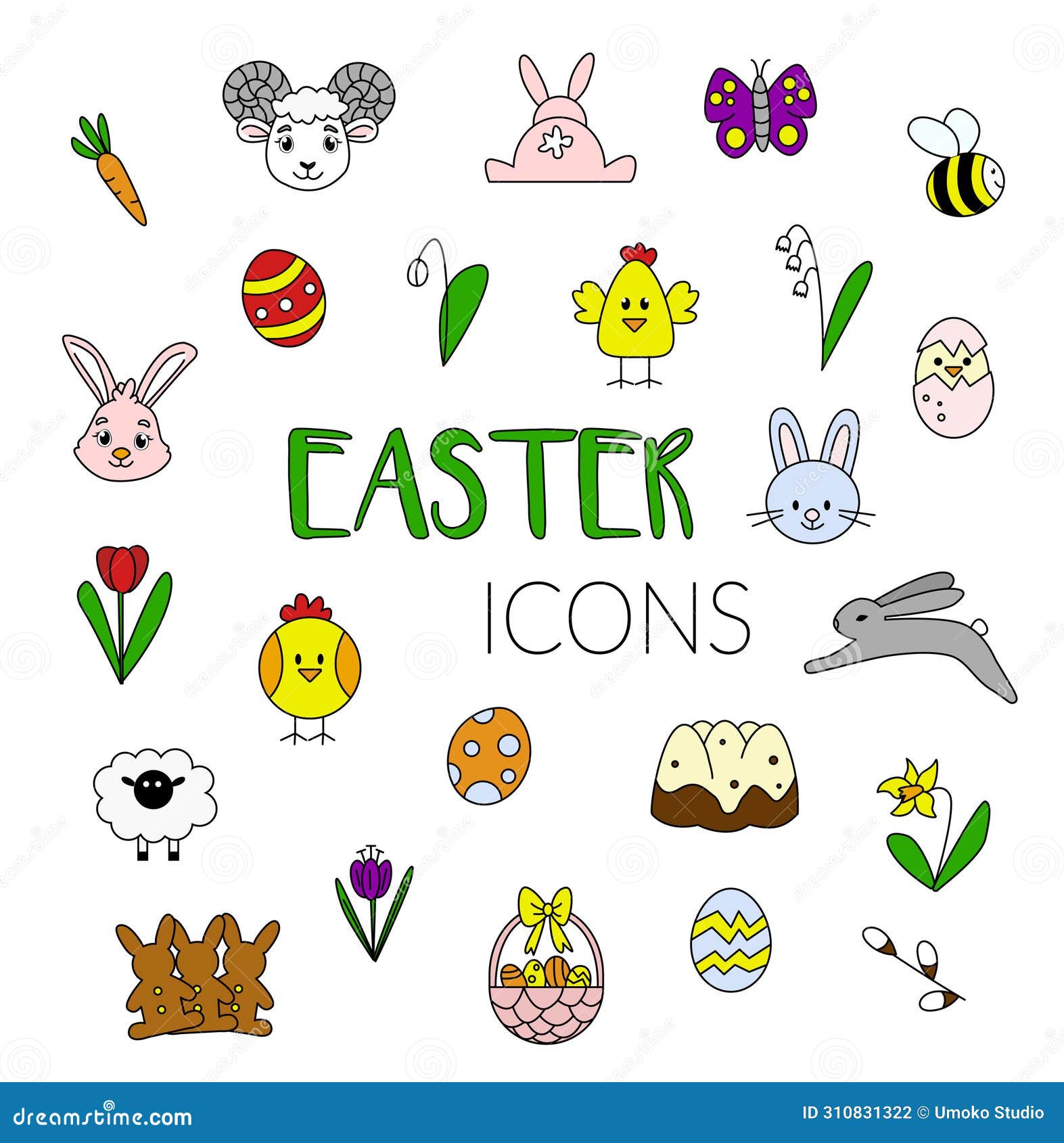 Easter Icons Set. Funny Adorable, Colourfool, Doodle Easter Icons. Set ...