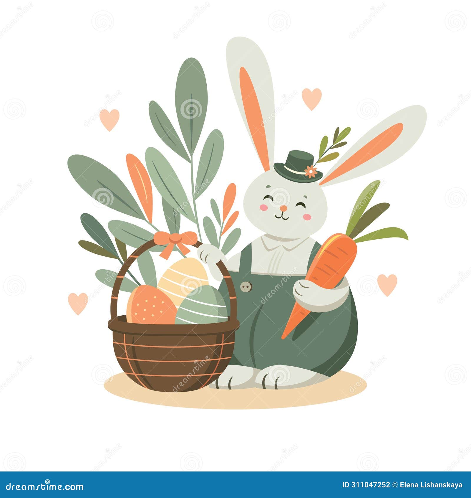 Cute Easter Bunny with Basket and Easter Eggs. Happy Easter Card Design ...