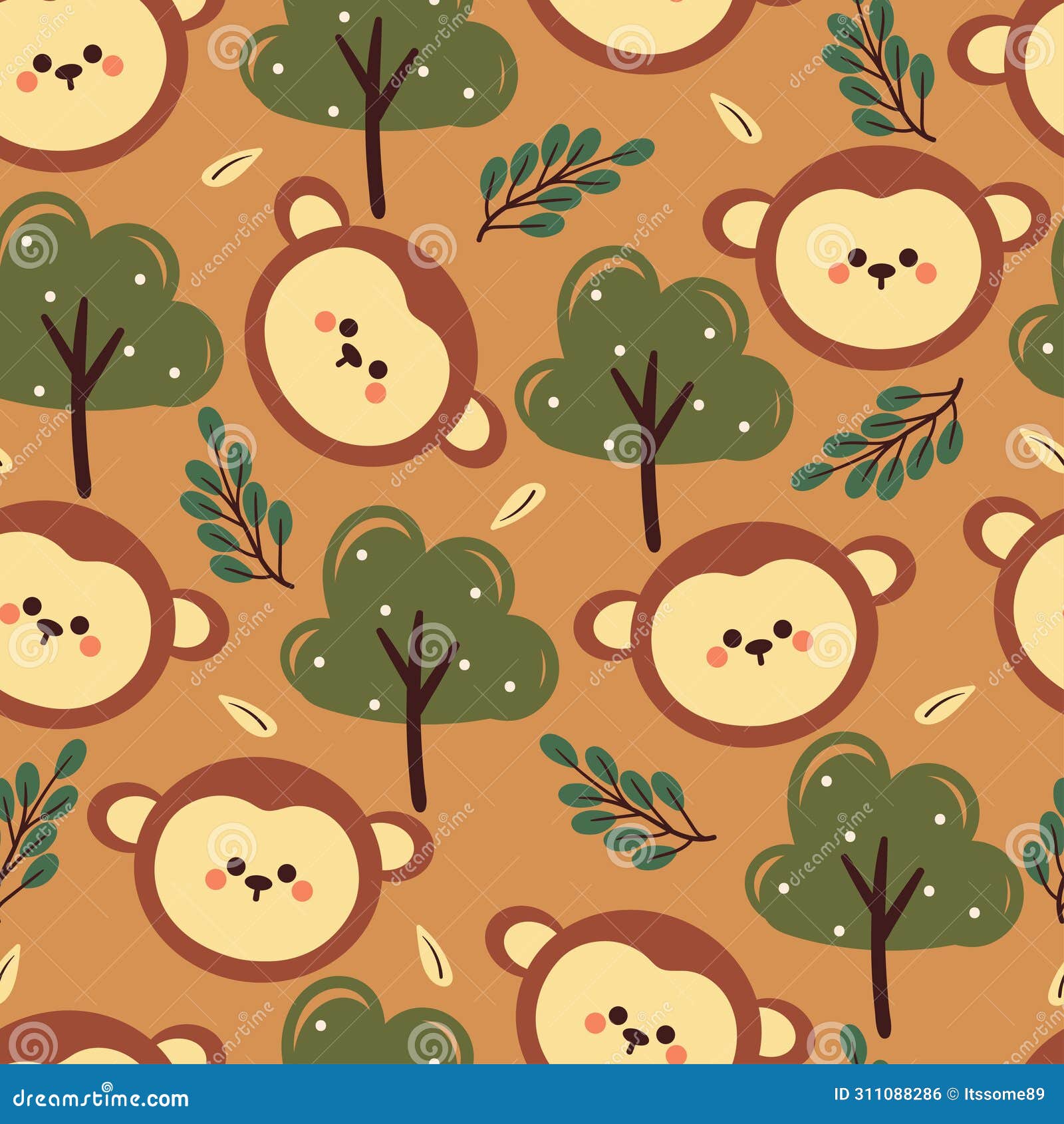 Seamless Pattern Cartoon Monkey with Tree and Leaves Stock Vector ...