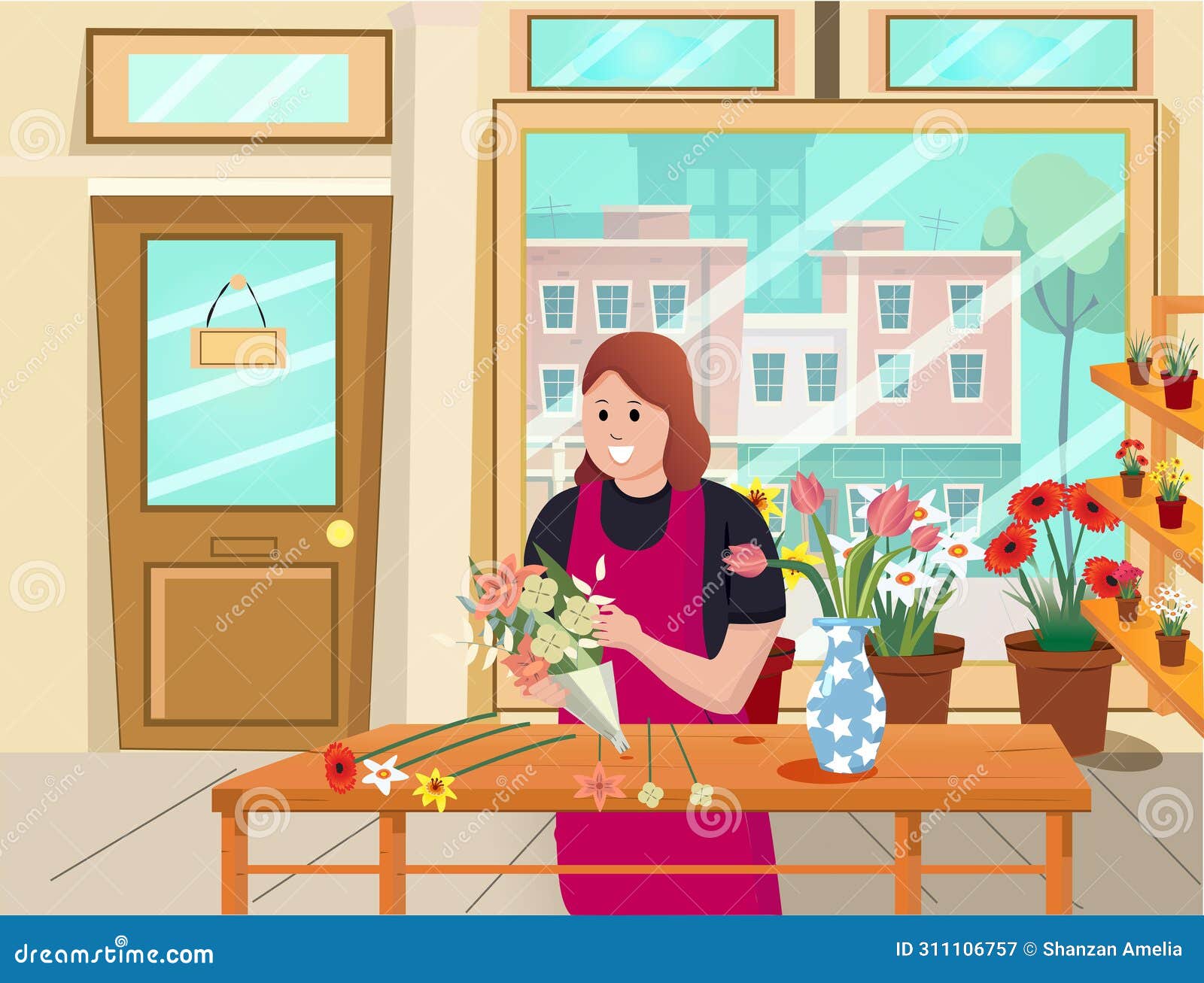 A Screen Florist Work at Florist Shop or Store. Floristry Selling at ...