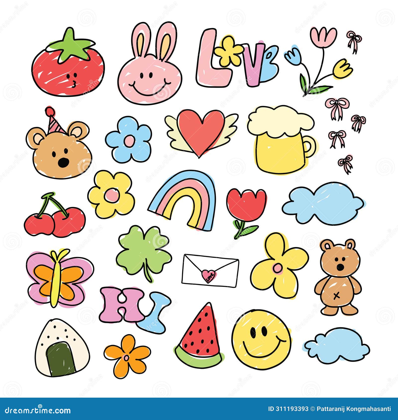 Kid Drawing and Kid Colouring Style of Animals, Flowers, Fruits and Summer Picnic Elements Stock ...