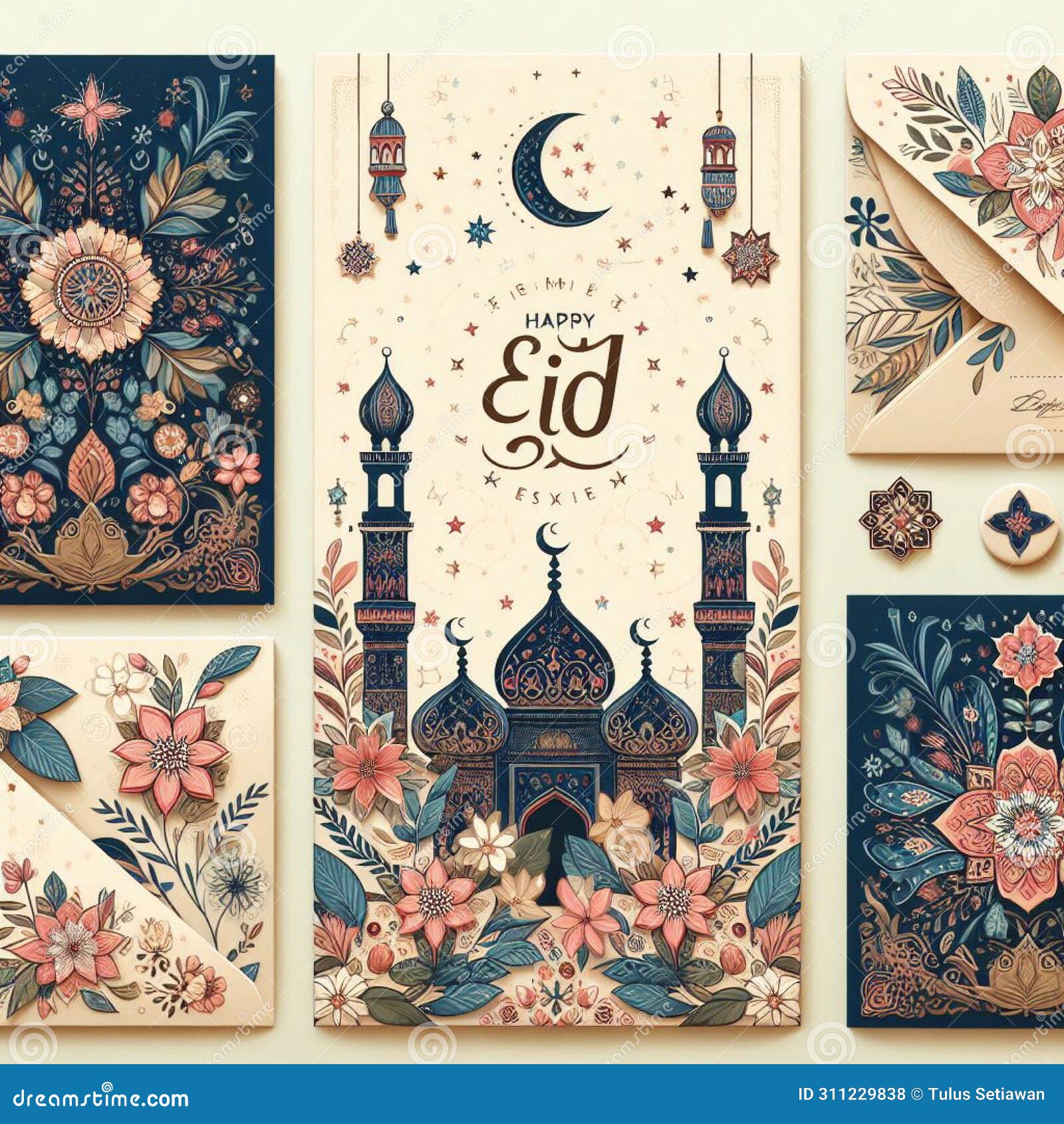Happy Eid Design with Floral Motifs and Eid Envelopes Stock ...