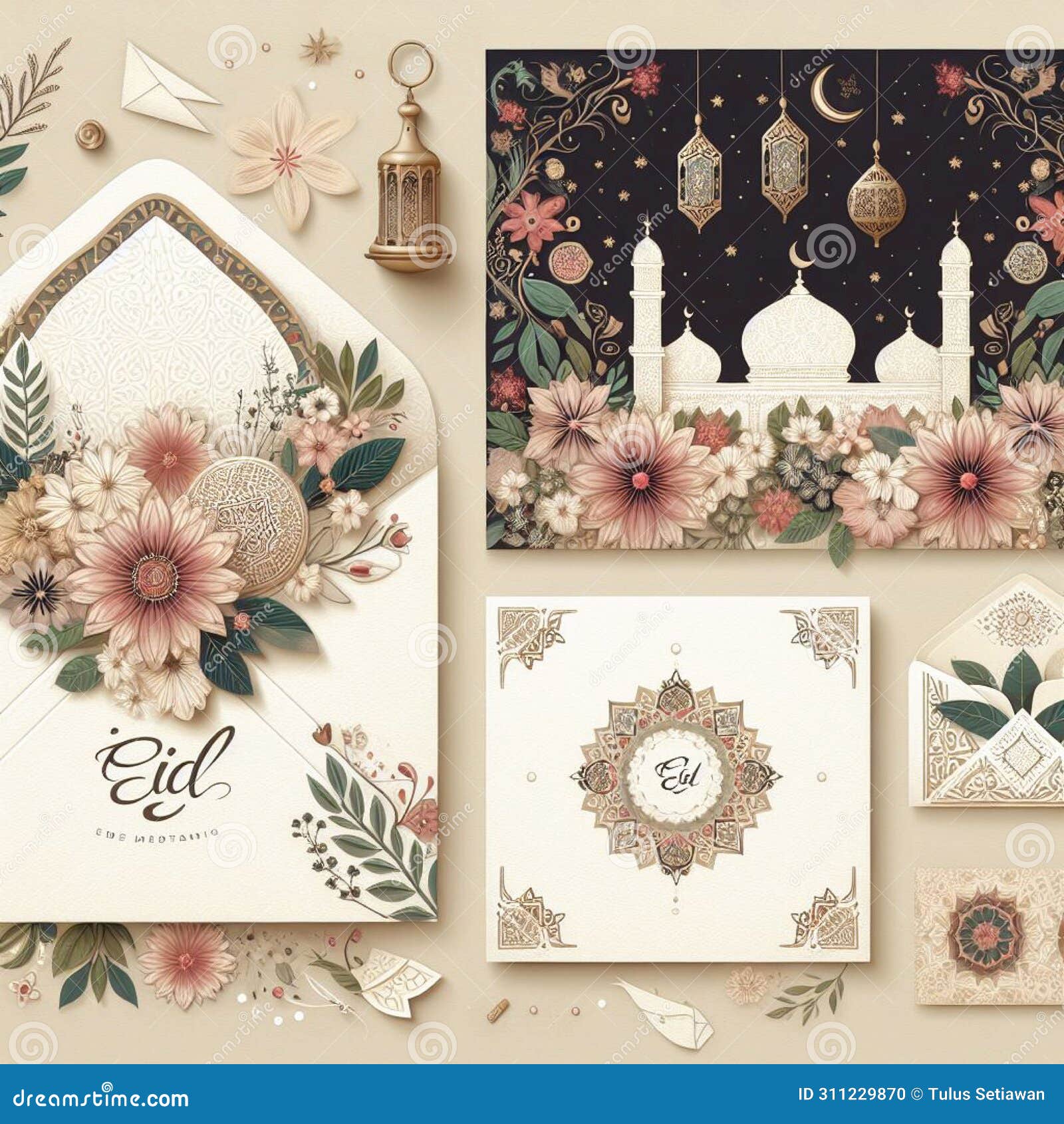 Happy Eid Design with Floral Motifs and Eid Envelopes Stock ...