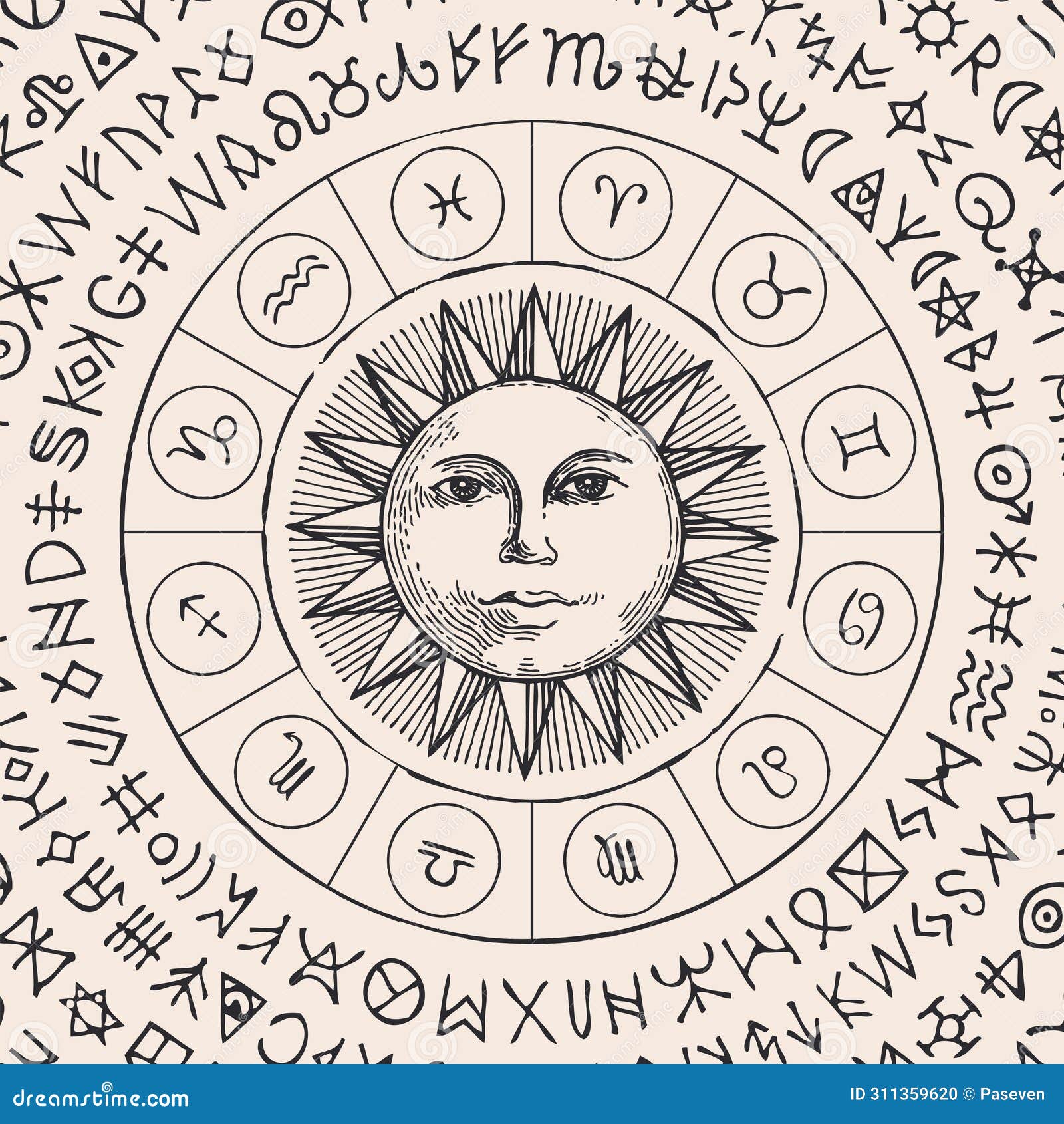 Zodiac Circle Signs in Retro Style with Sun and Magic Runes Stock ...