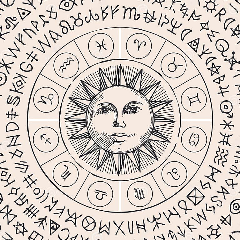 Zodiac Circle Signs in Retro Style with Sun and Magic Runes Stock ...