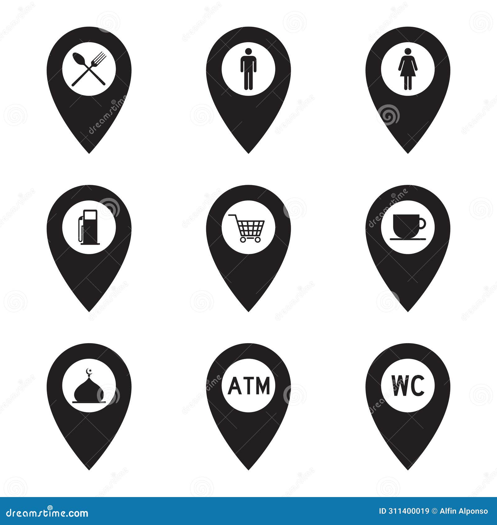 Vector Set of Black Location Pin Icon for Digital Mapping and ...