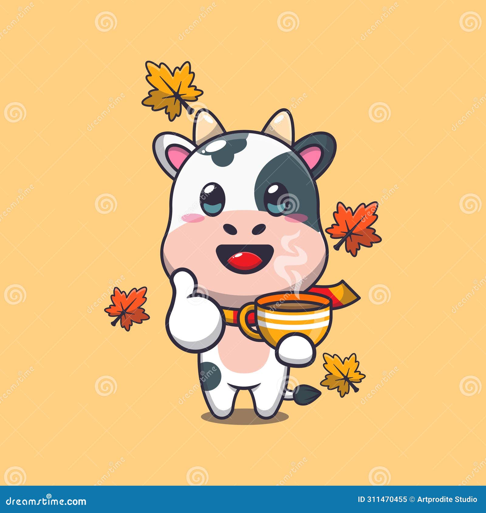 Cute Cow with Coffee in Autumn Season. Stock Vector - Illustration of ...