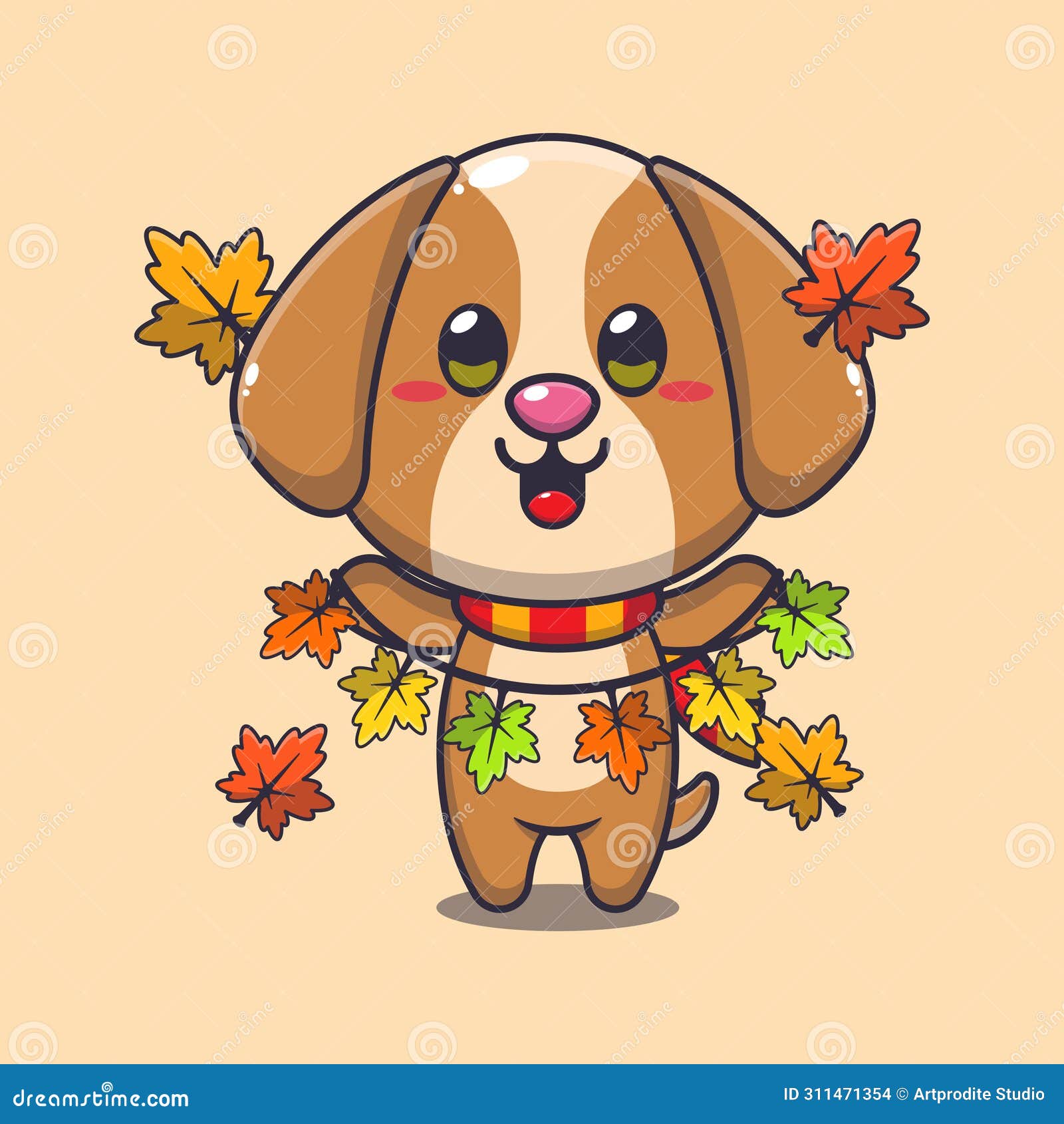 Cute Dog with Autumn Leaf Decoration. Stock Vector - Illustration of ...