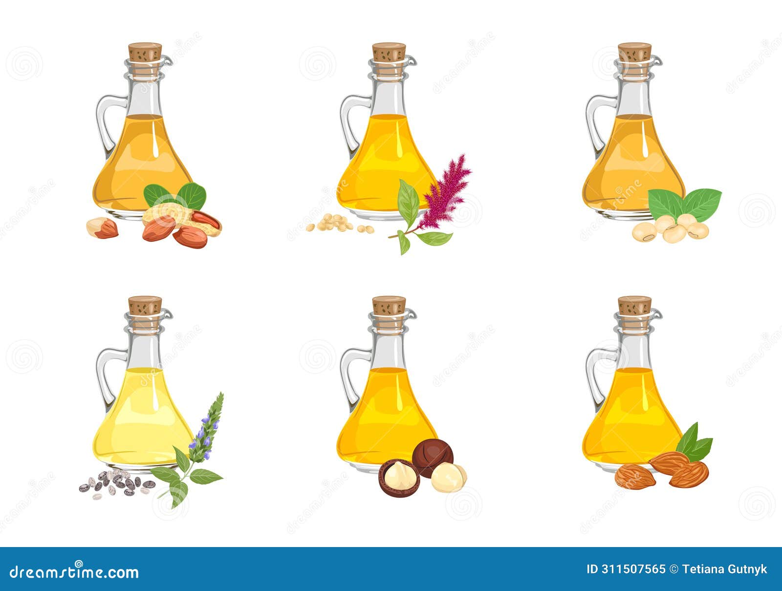 Cooking Oils Set. Vector Cartoon Illustration of Almond, Peanut ...