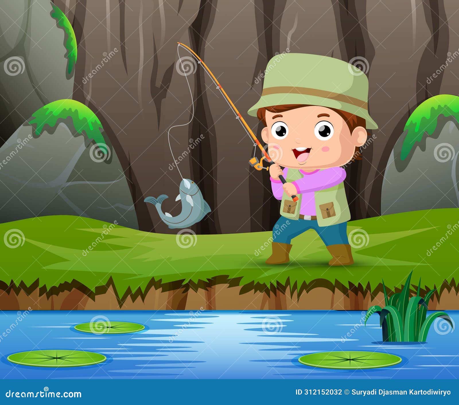 Kid Fishing Fish Cartoon on the Forest Stock Illustration ...