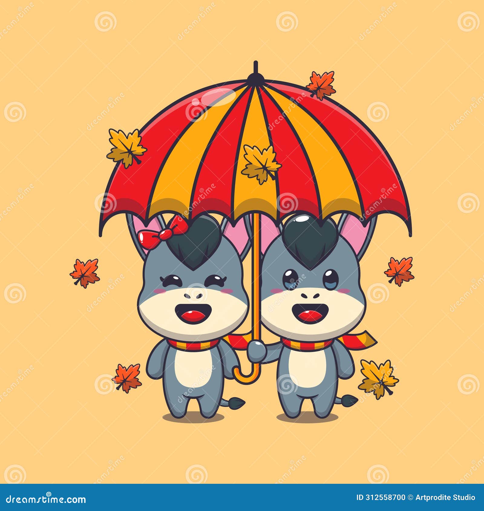 Cute Couple Donkey with Umbrella at Autumn Season. Stock Vector ...