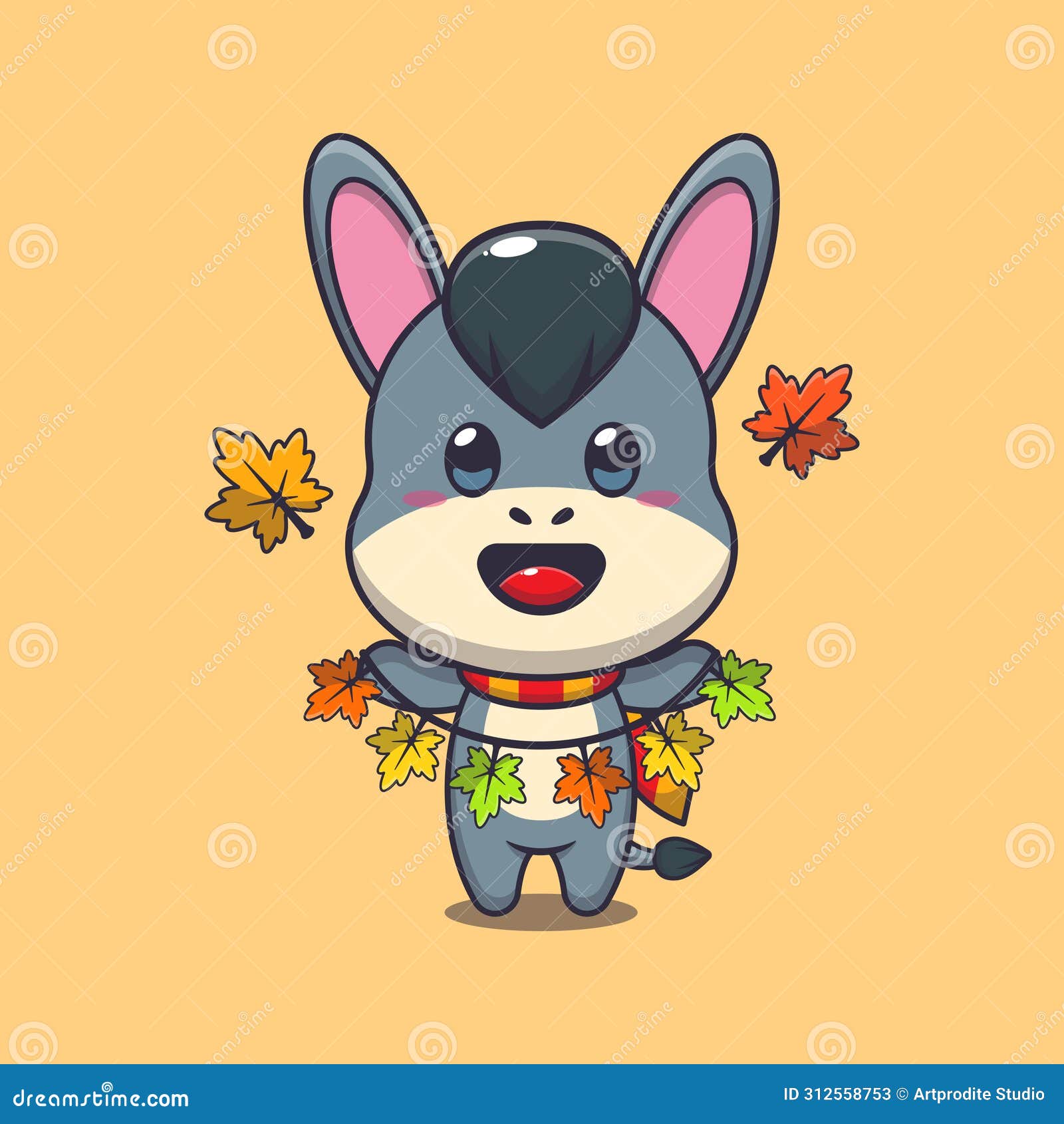 Cute Donkey with Autumn Leaf Decoration. Stock Vector - Illustration of ...