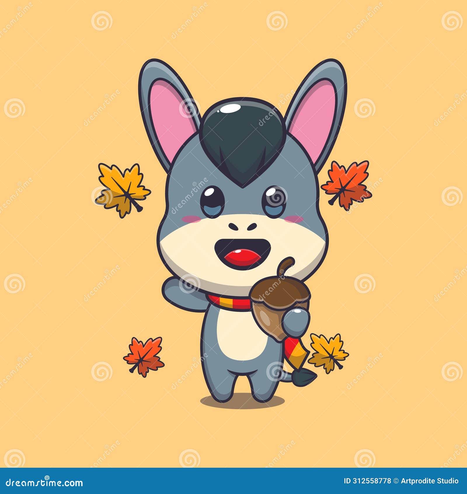 Cute Donkey with Acorns at Autumn Season. Stock Vector - Illustration ...
