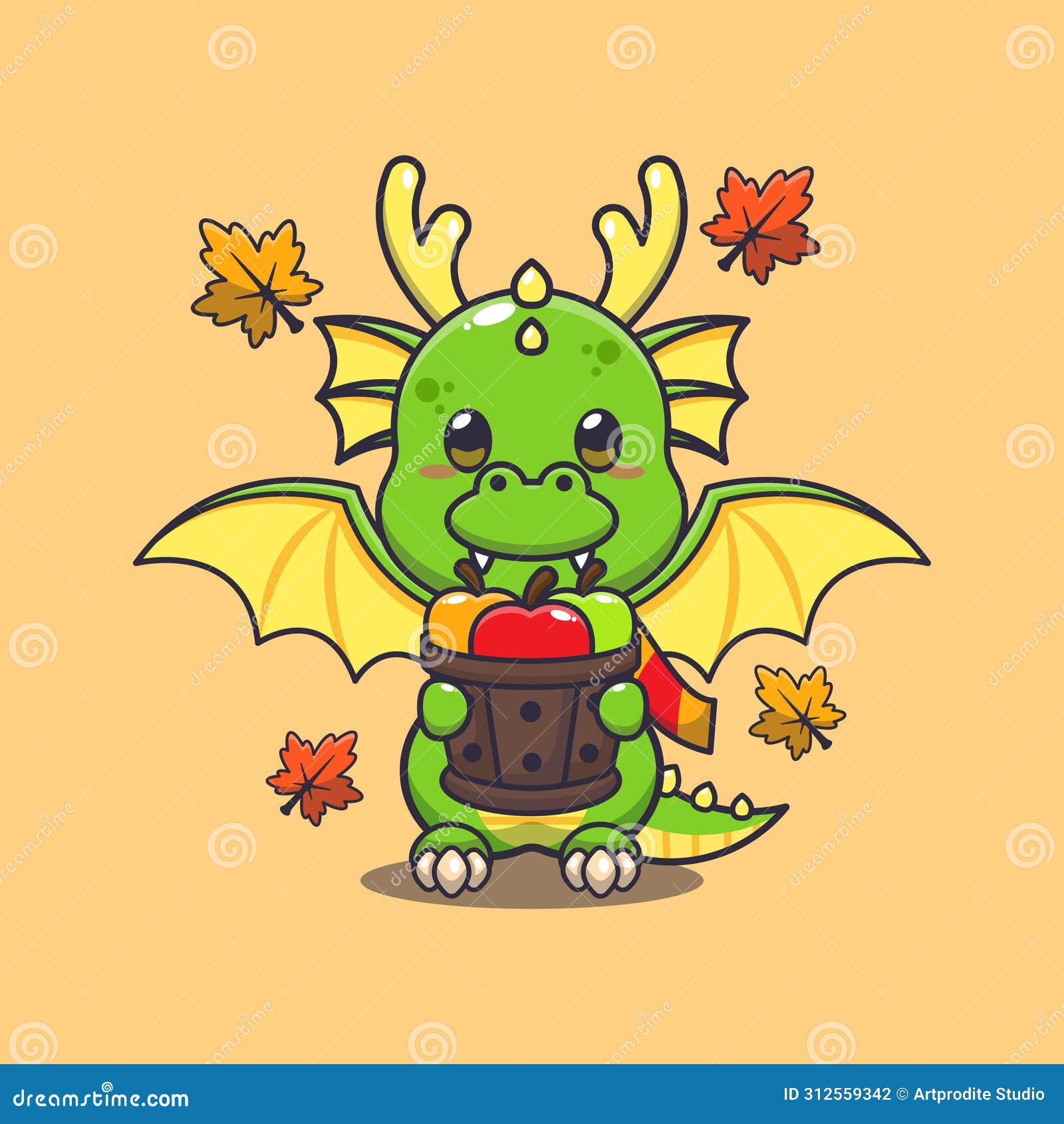 Cute Dragon Holding a Apple in Wood Bucket. Stock Vector - Illustration ...