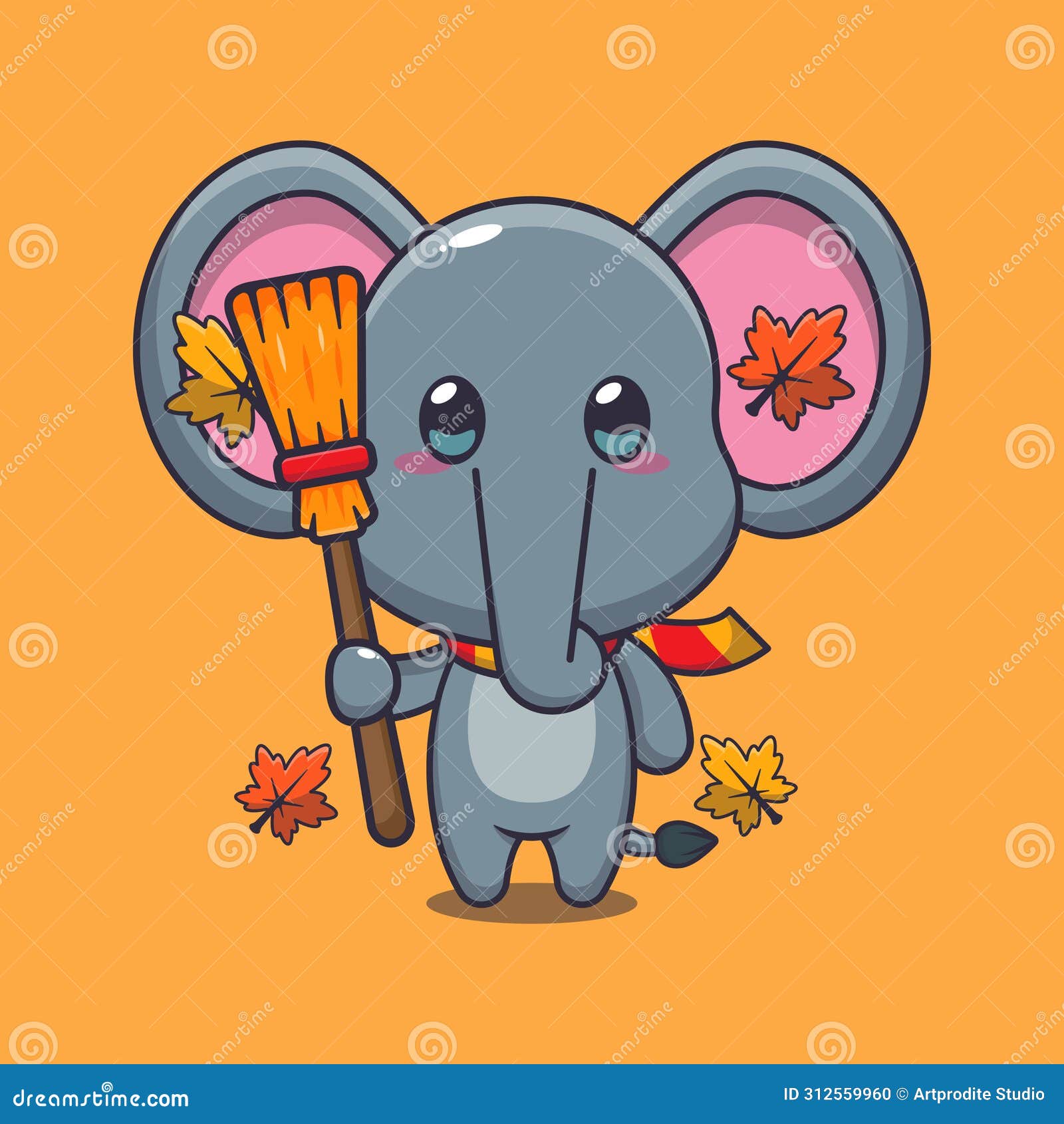 Cute Autumn Elephant Holding Broom. Stock Vector - Illustration of ...