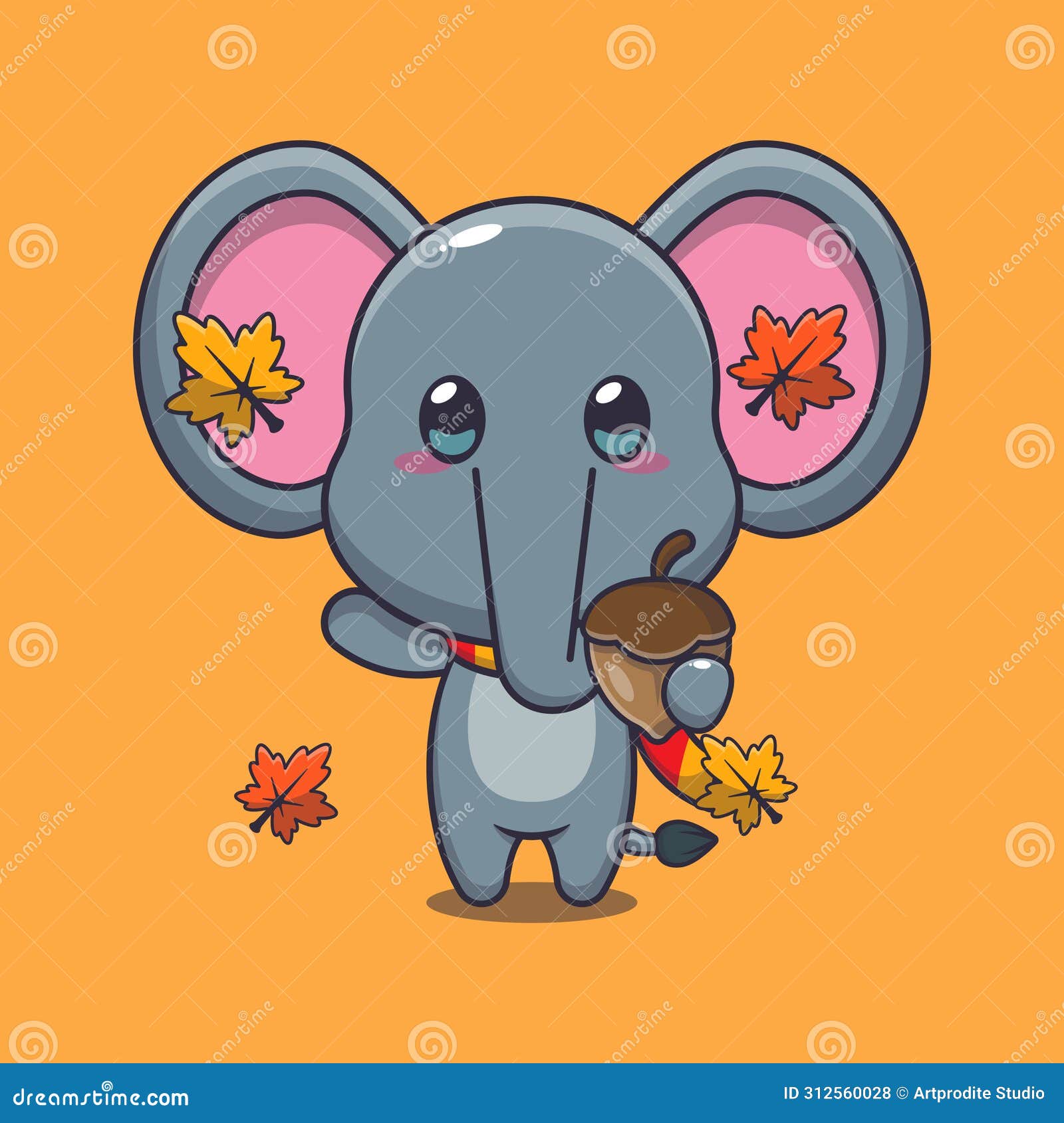Cute Elephant with Acorns at Autumn Season. Stock Vector - Illustration ...