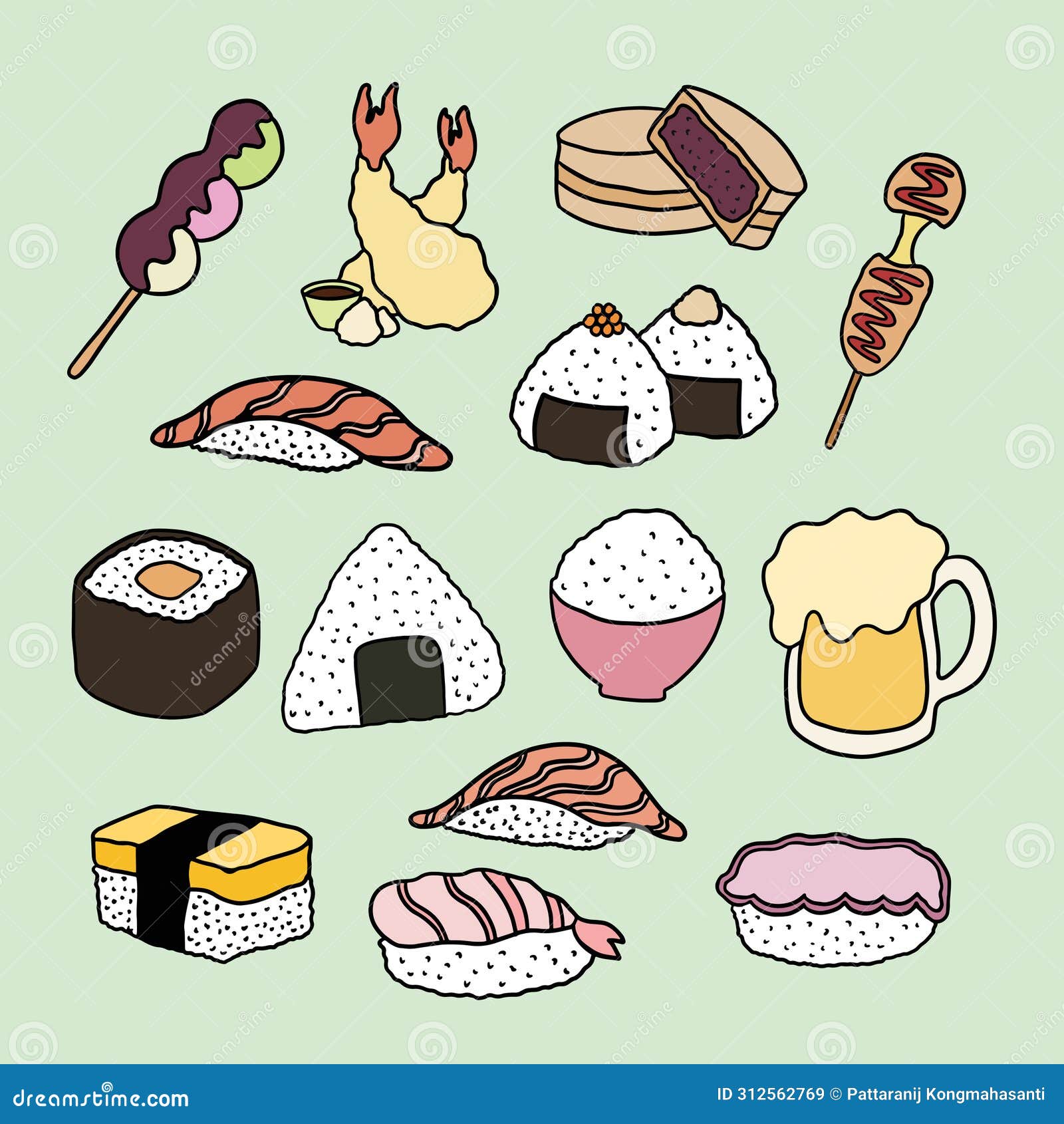 Hand Drawn Japanese Foods and Snacks Including Salmon Sushi, Onigiri ...