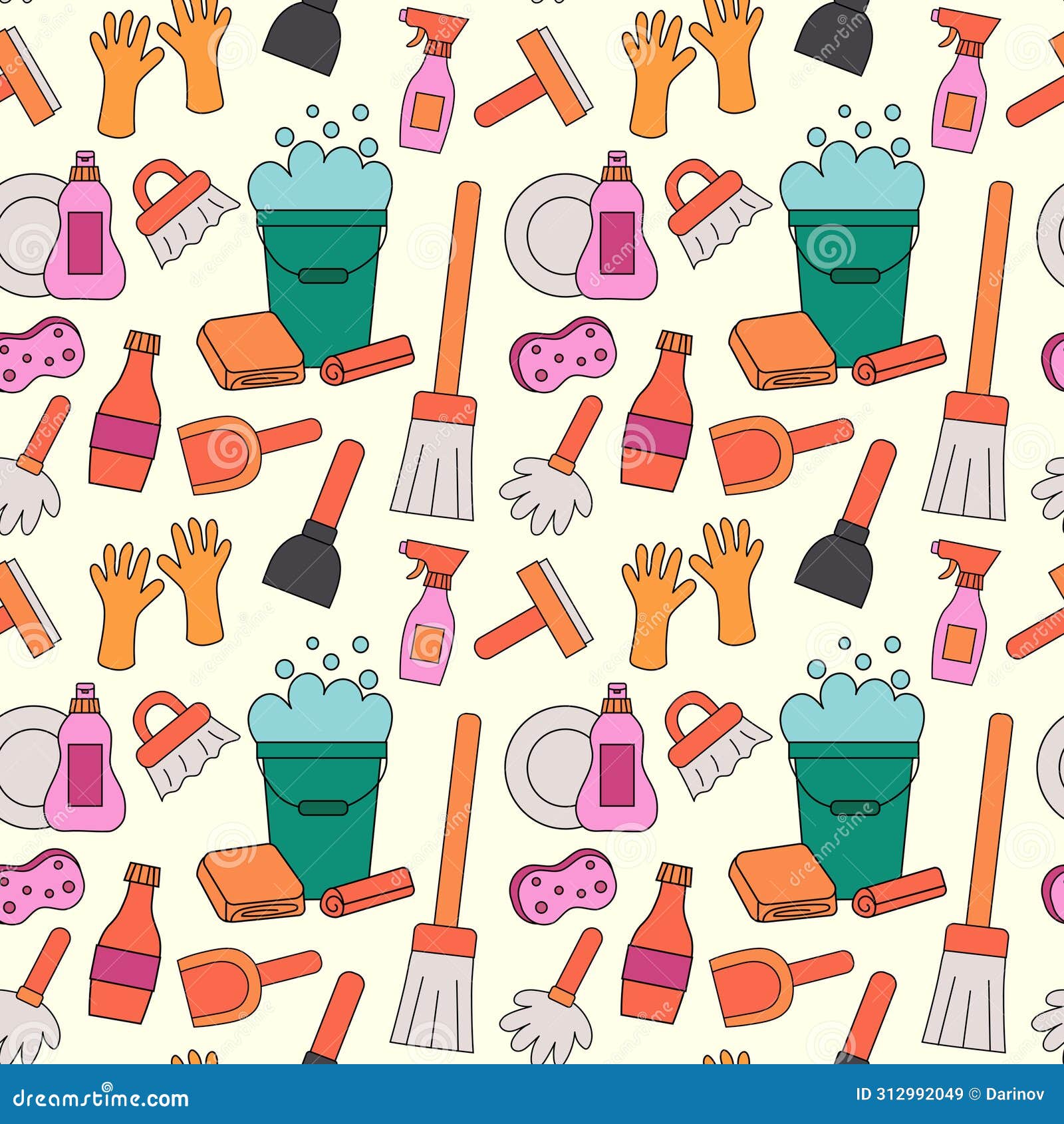 Seamless Pattern with Cleaning Tools Elements. Mop, Dishwash, Plunger ...