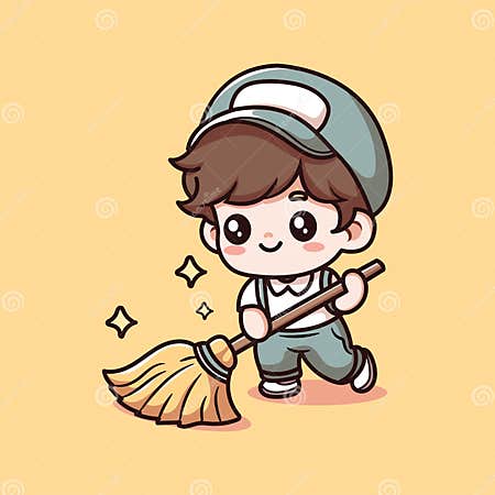 Vector Illustration of a Cute Little Boy Sweeping Stock Vector ...