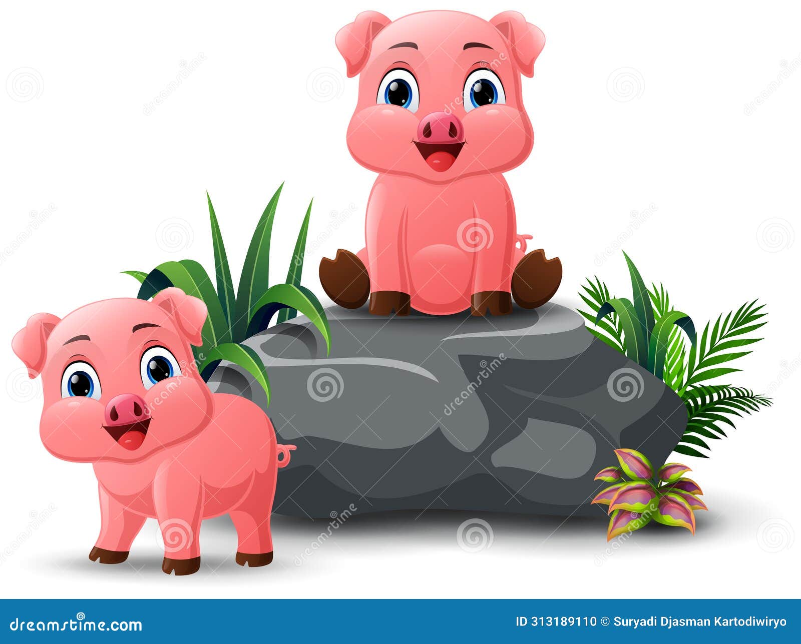 Cartoon Two Baby Pig Sitting on the Stone Stock Illustration ...