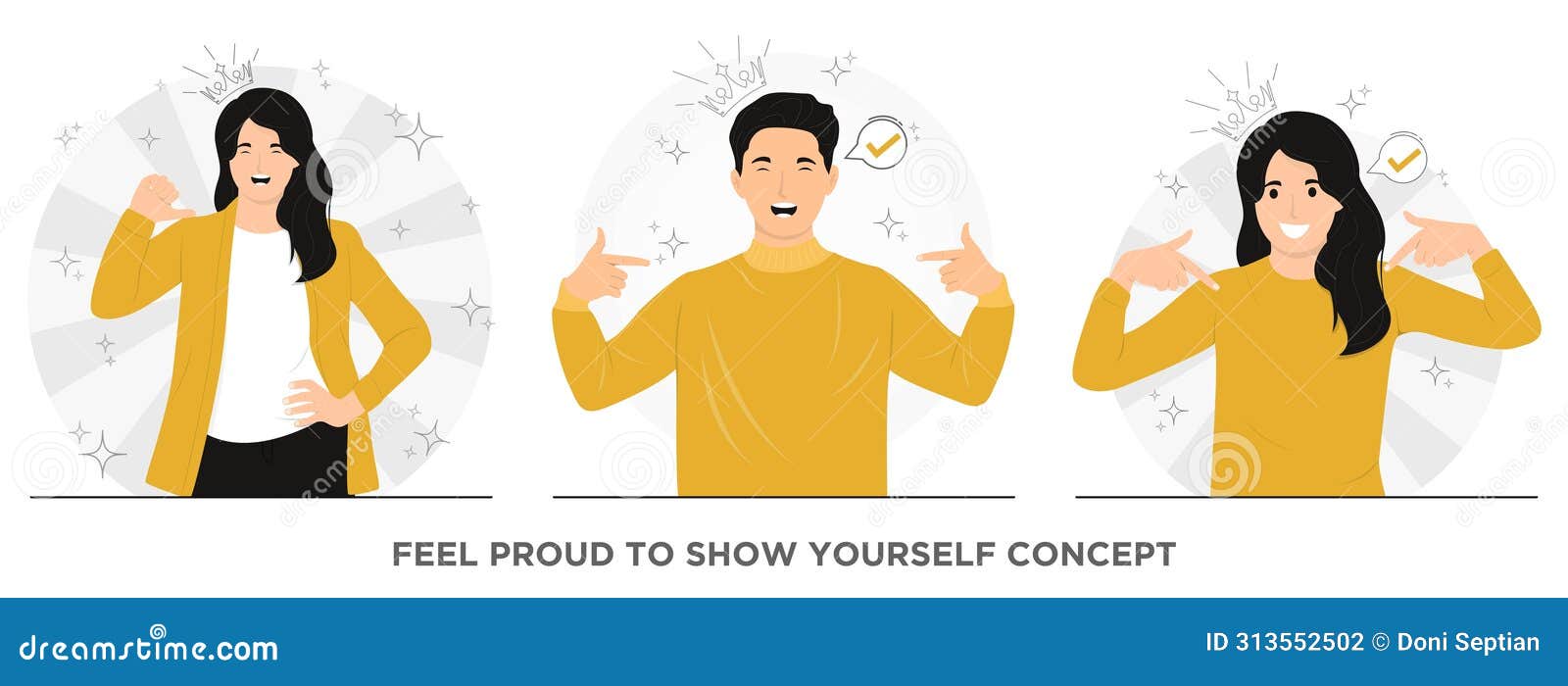 Flat Vector Confidence Feeling Proud Smiling People Pointing Themself ...