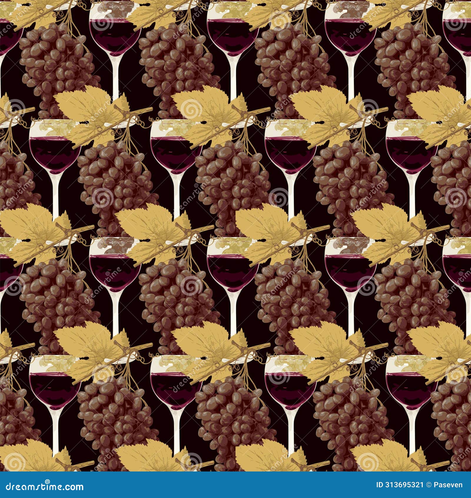 Seamless Pattern with Realistic Bunches of Grapes and Glasses of Red ...