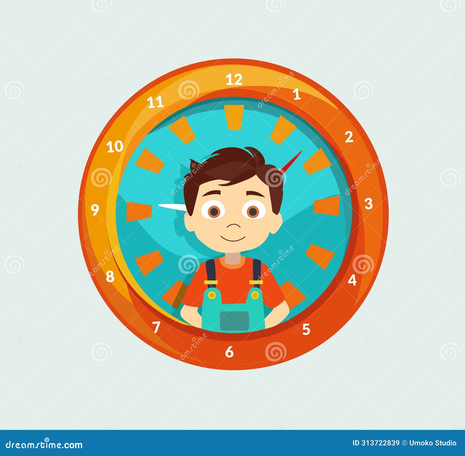 Learning the Time. Boy on the Face of Big Orange Clock. Concept about ...