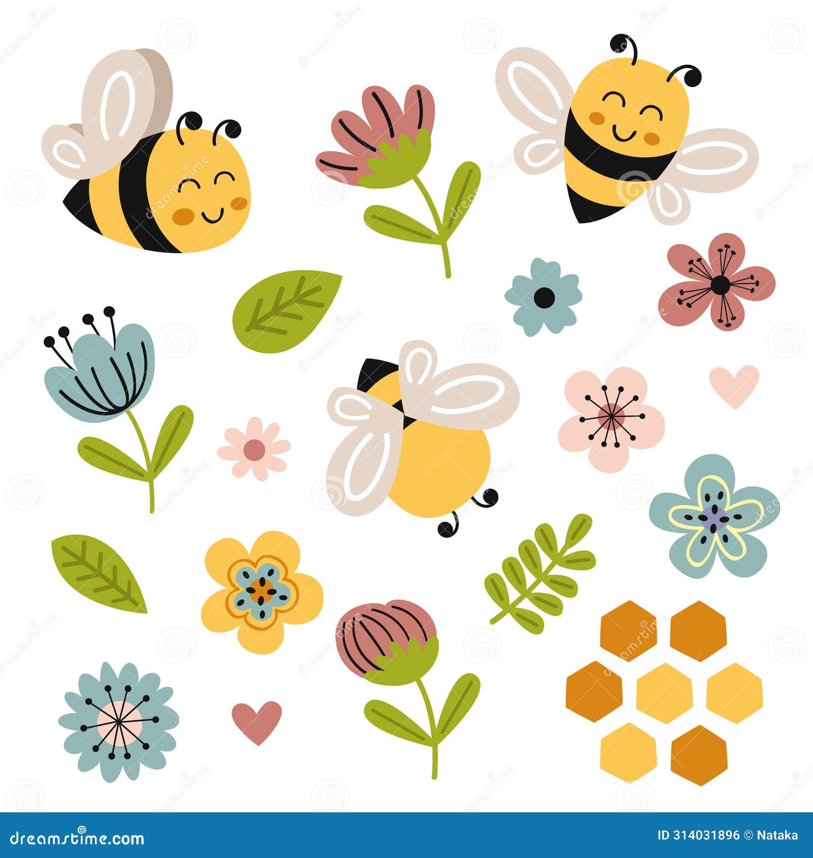 Set Isolated with Cute Happy Bees, Flowers Stock Illustration ...