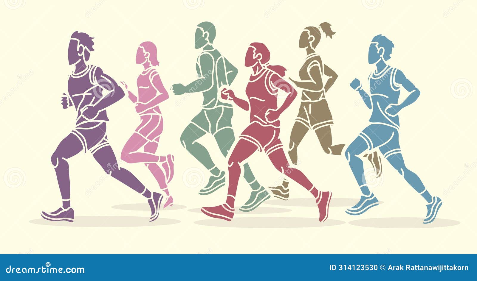 Group of People Running Together Man and Woman Runner Marathon Cartoon ...