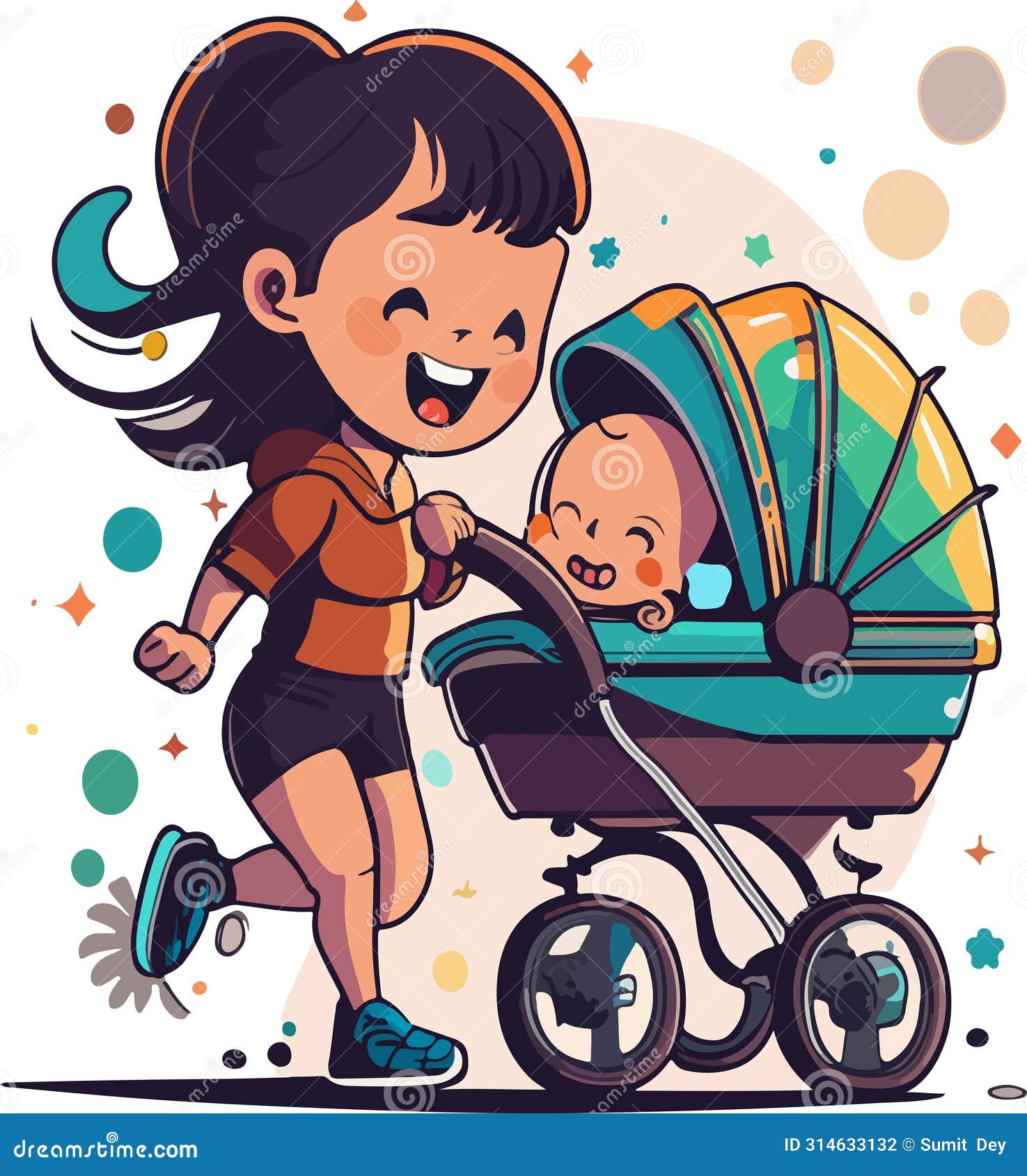 Print CHARMING STICKER-STYLE ART of a MOM and ECSTATIC BABY Stock ...
