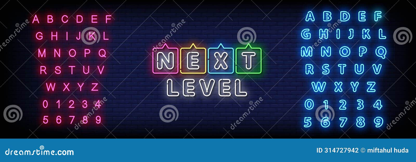 Neon Sign Next Level on Brick Wall Background with the Alphabet Stock ...