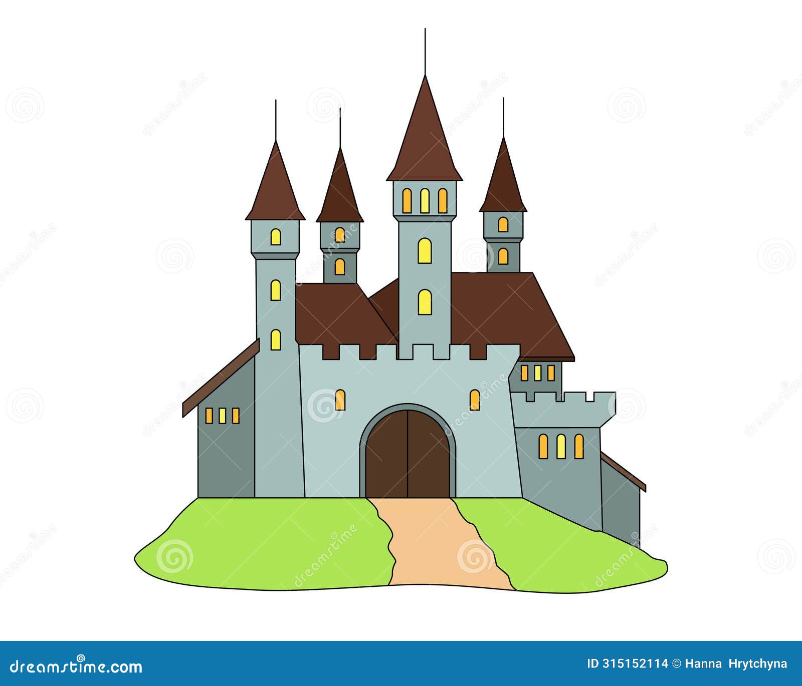 Medieval Castle With Four Towers, A Fortress On A Hill - Vector Full ...