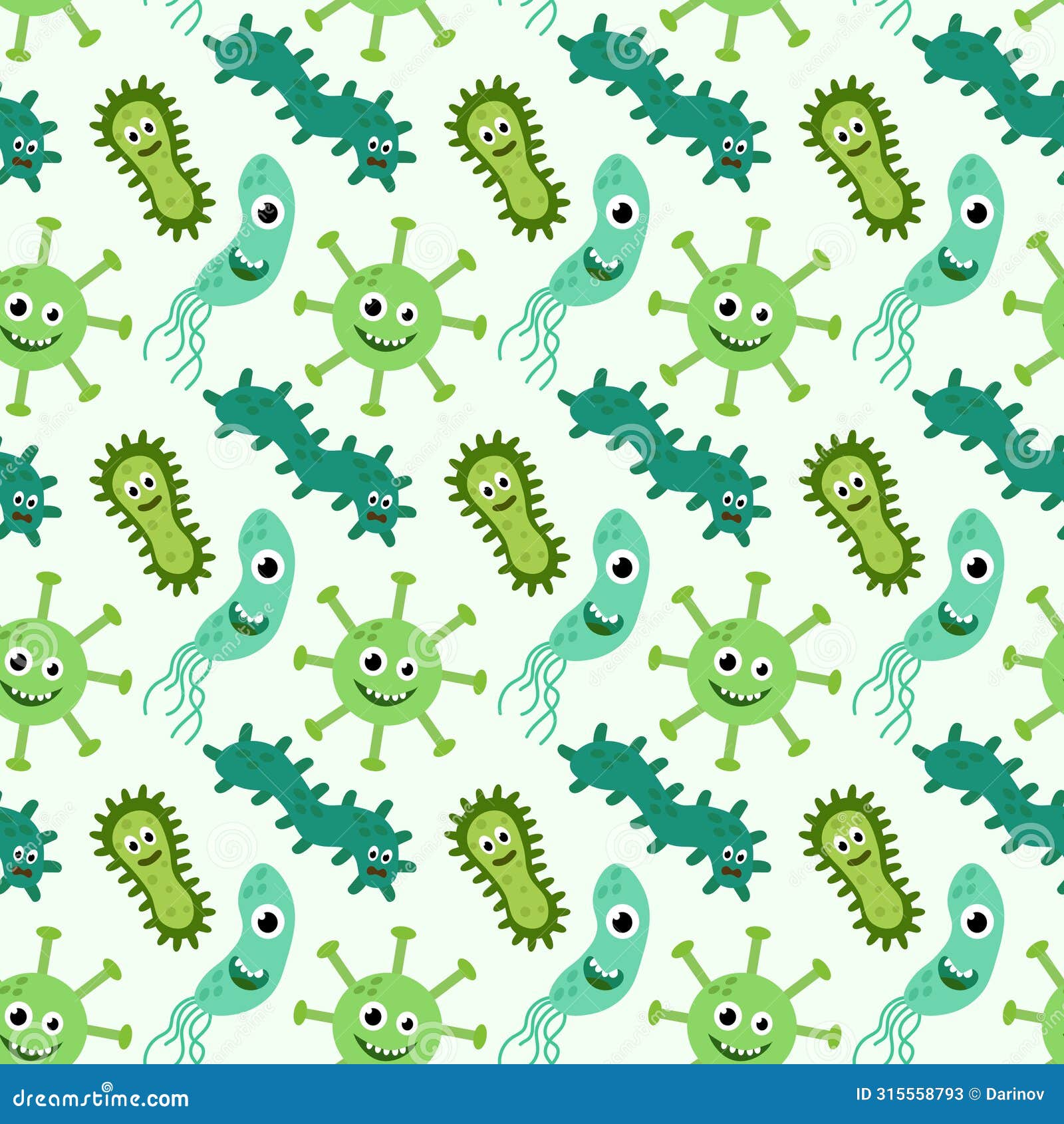 Seamless Pattern with Cute Cartoon Characters Virus, Bacteria, Microbe ...