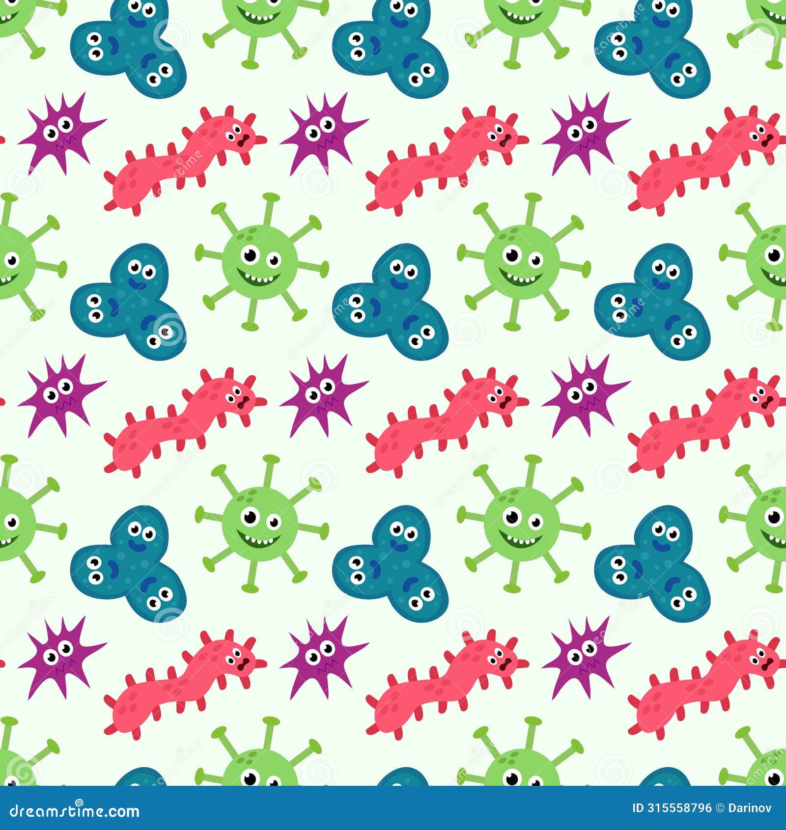 Seamless Pattern with Cute Cartoon Characters Virus, Bacteria, Microbe ...