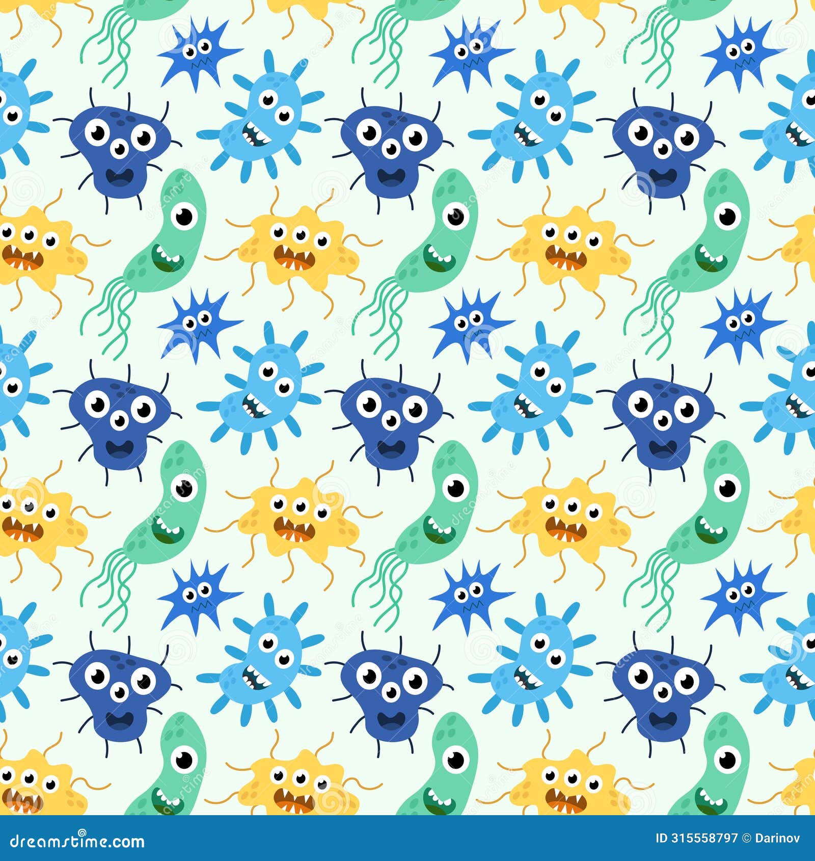 Seamless Pattern with Cute Cartoon Characters Virus, Bacteria, Microbe ...